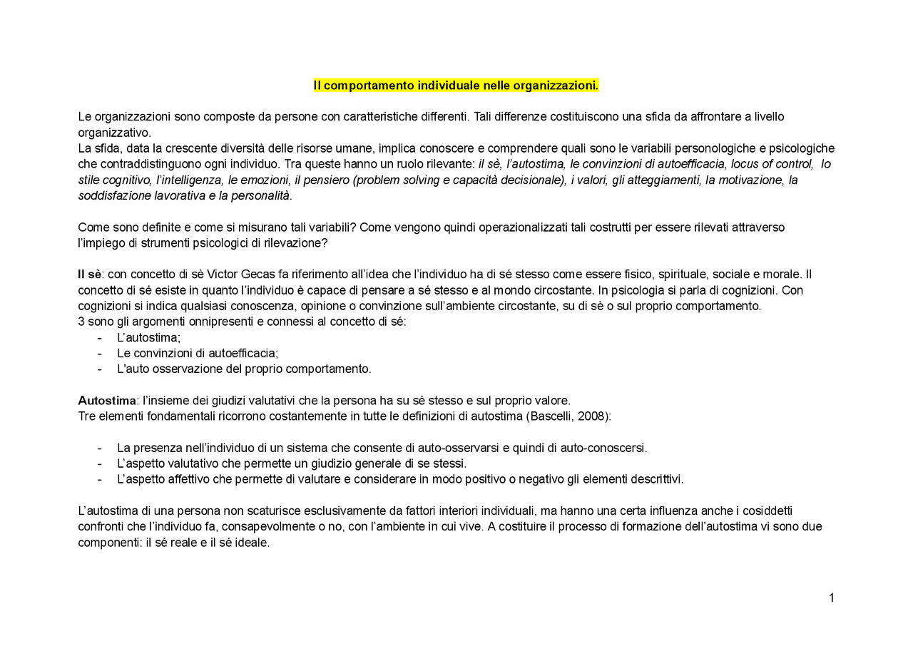 Sintesi Temi Psicologia del Lavoro | Schemi e mappe concettuali di ...