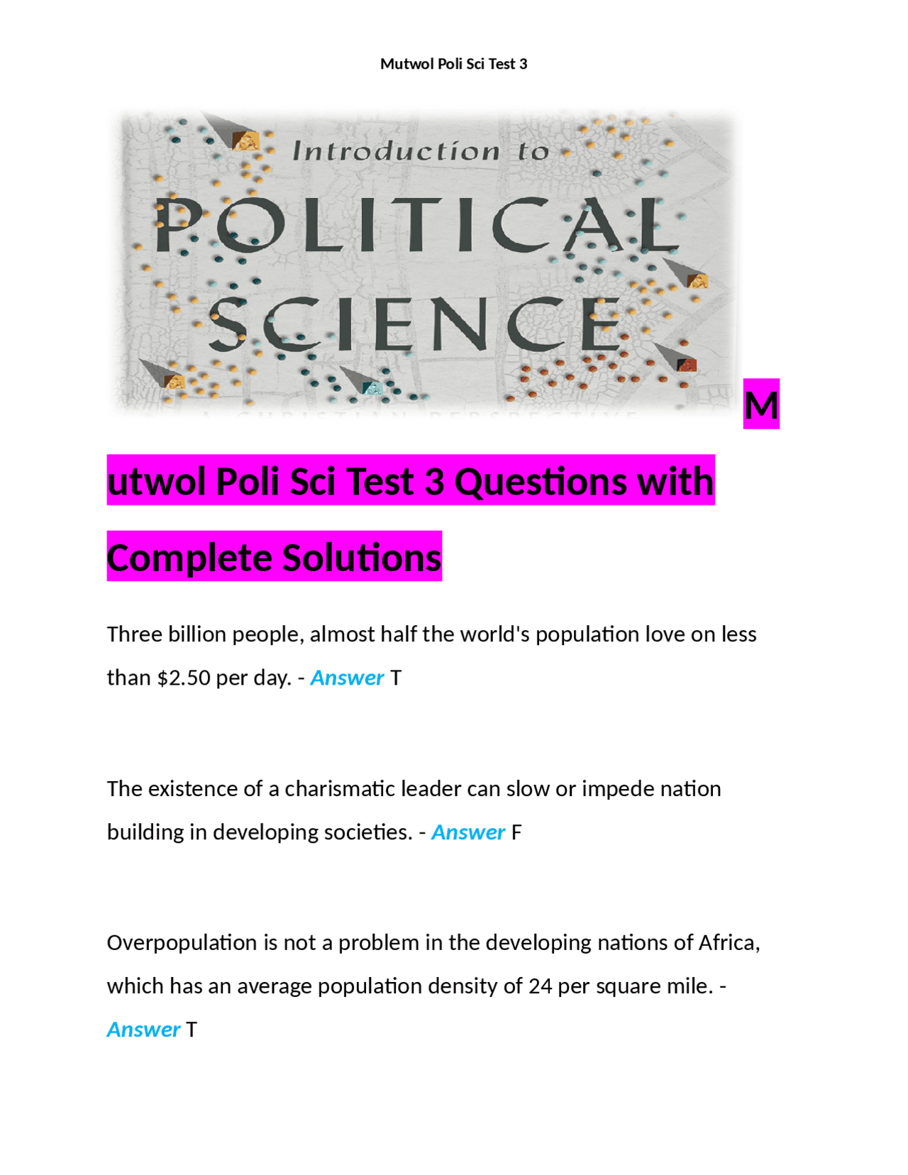 Mutwol Poli Sci Test 3 Questions with Complete Solutions | Exams ...