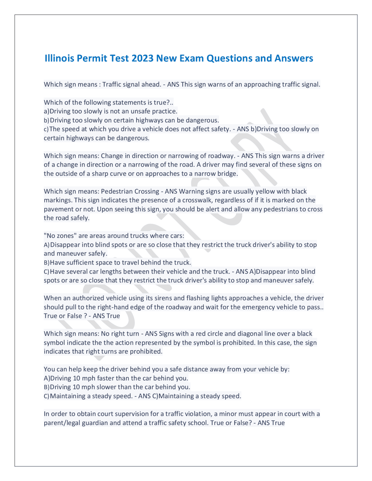 Illinois Permit Test 2023 New Exam Questions and Answers | Exams ...