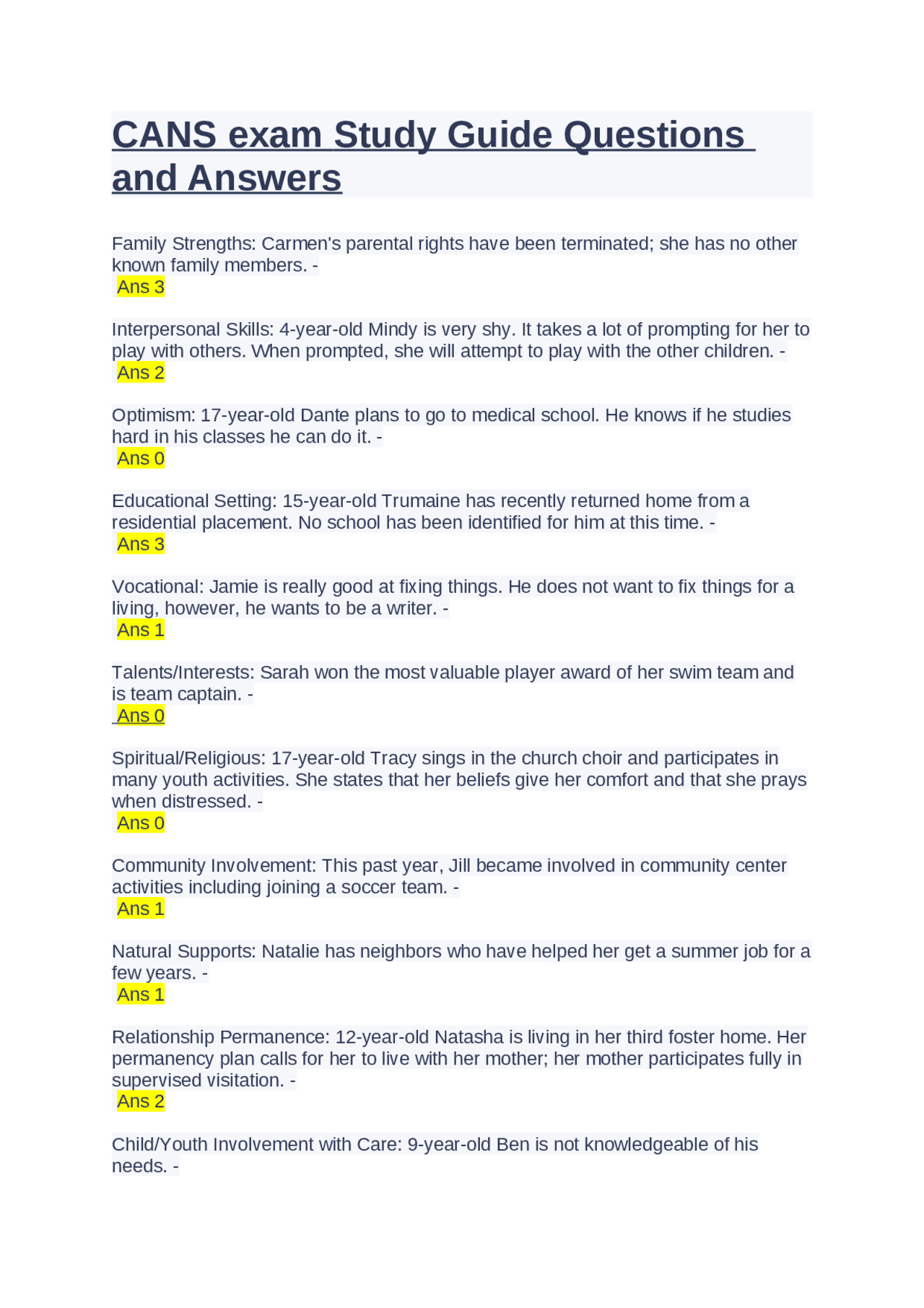 CANS exam Study Guide Questions and Answers | Exams Sociology of ...