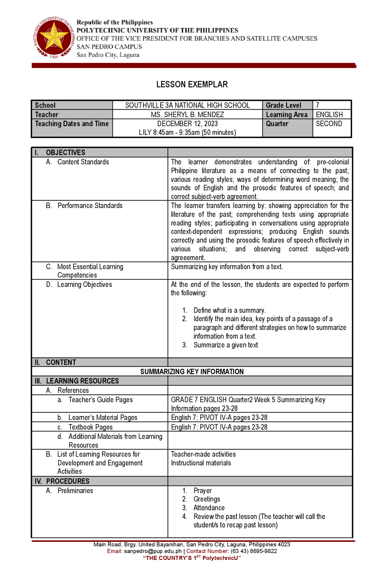 Lesson exemplar in english | Exercises Technical English | Docsity