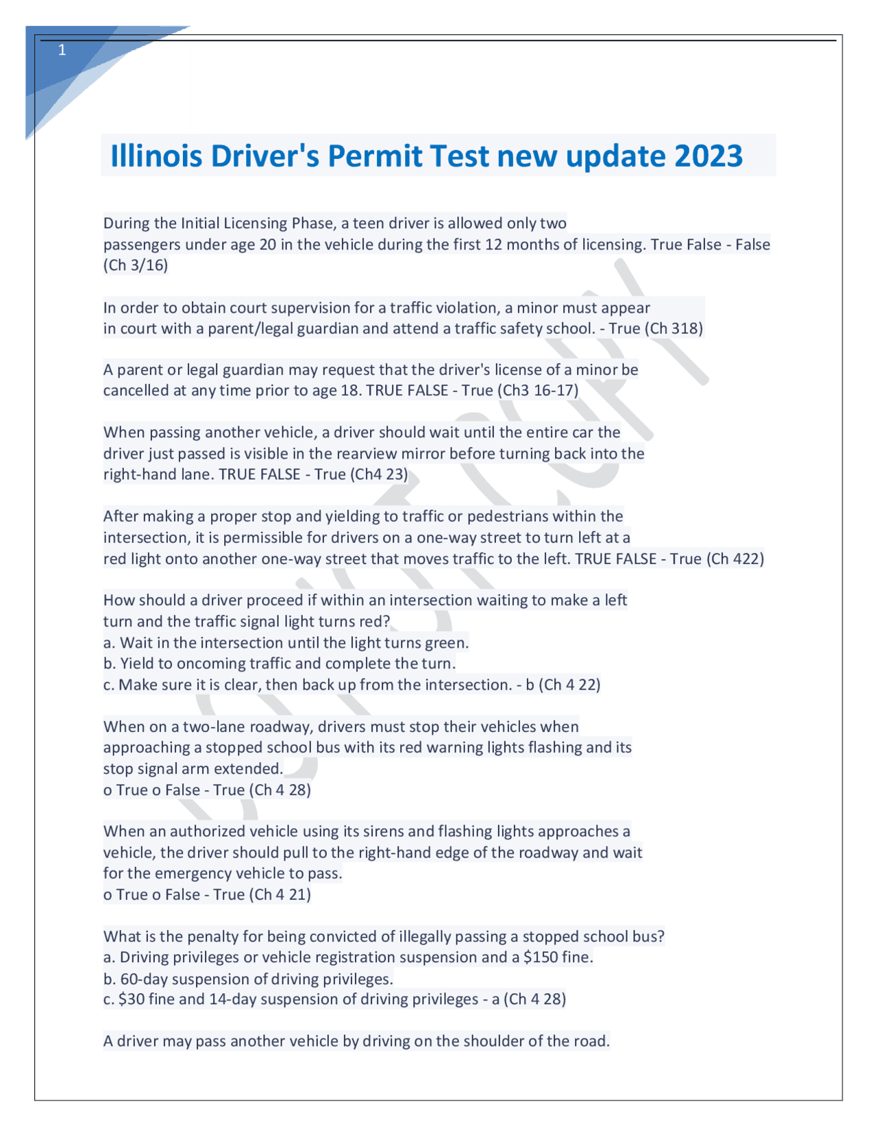 Illinois Driver's Permit Test New Update 2023 | Exams European Computer ...