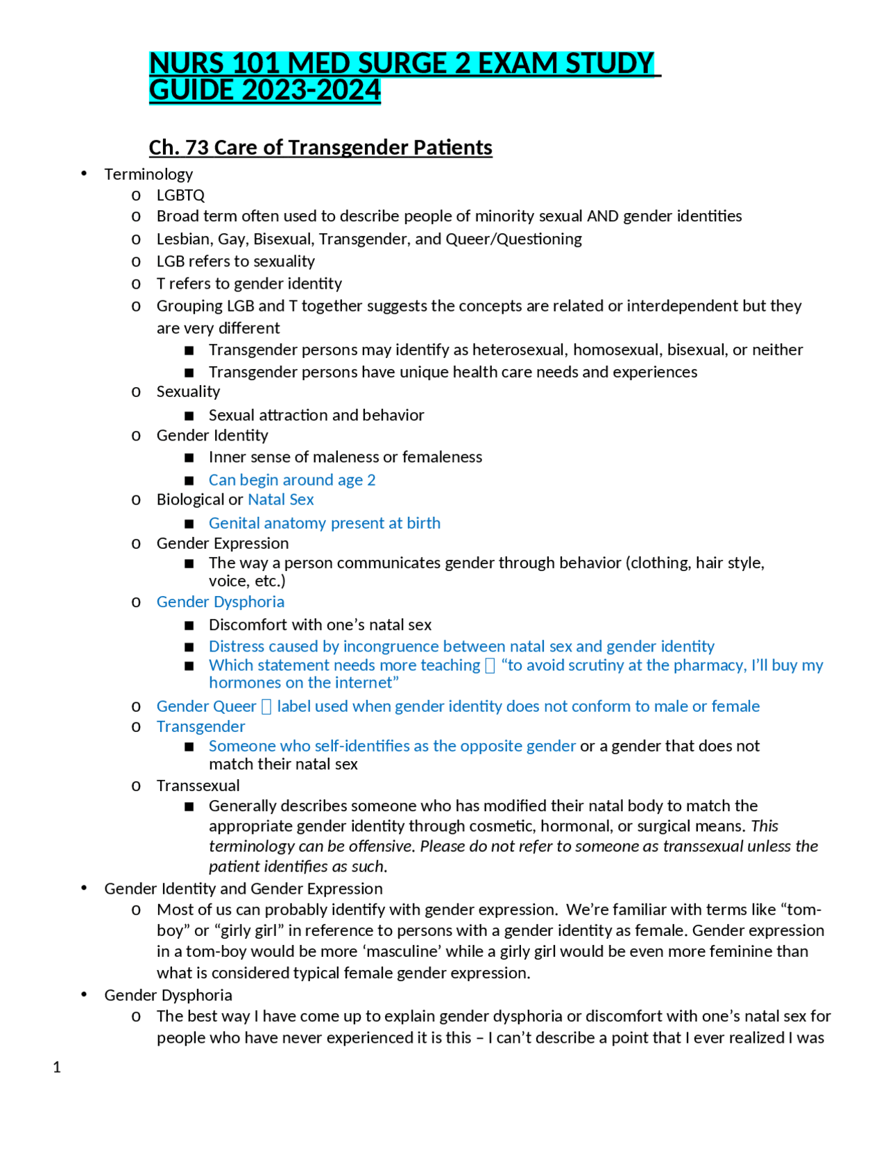 NURS 101 MED SURGE 2 EXAM STUDY GUIDE 2023-2024 | Exams Nursing | Docsity