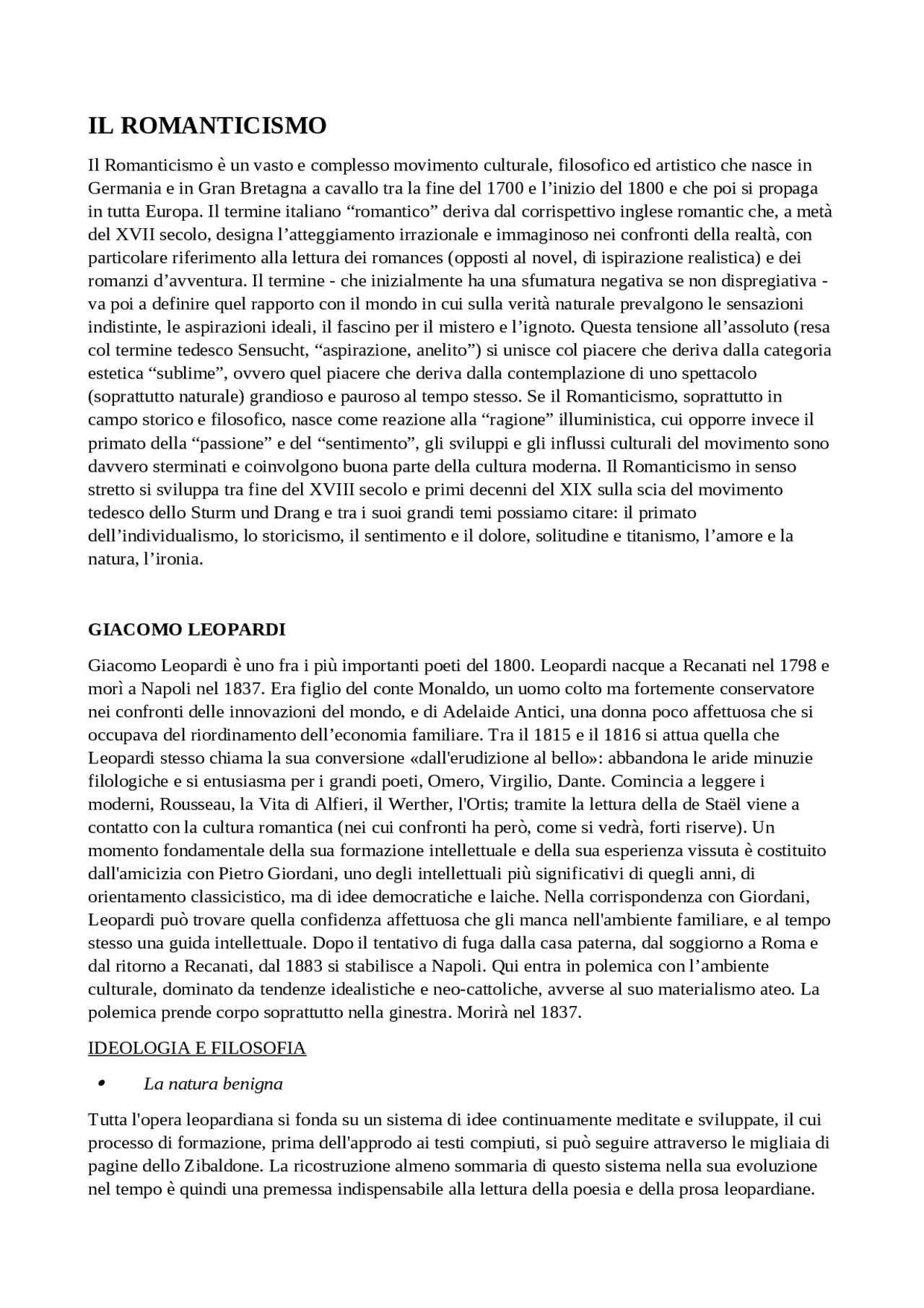 Il Romanticismo: Leopardi e Manzoni | Dispense di Italiano | Docsity