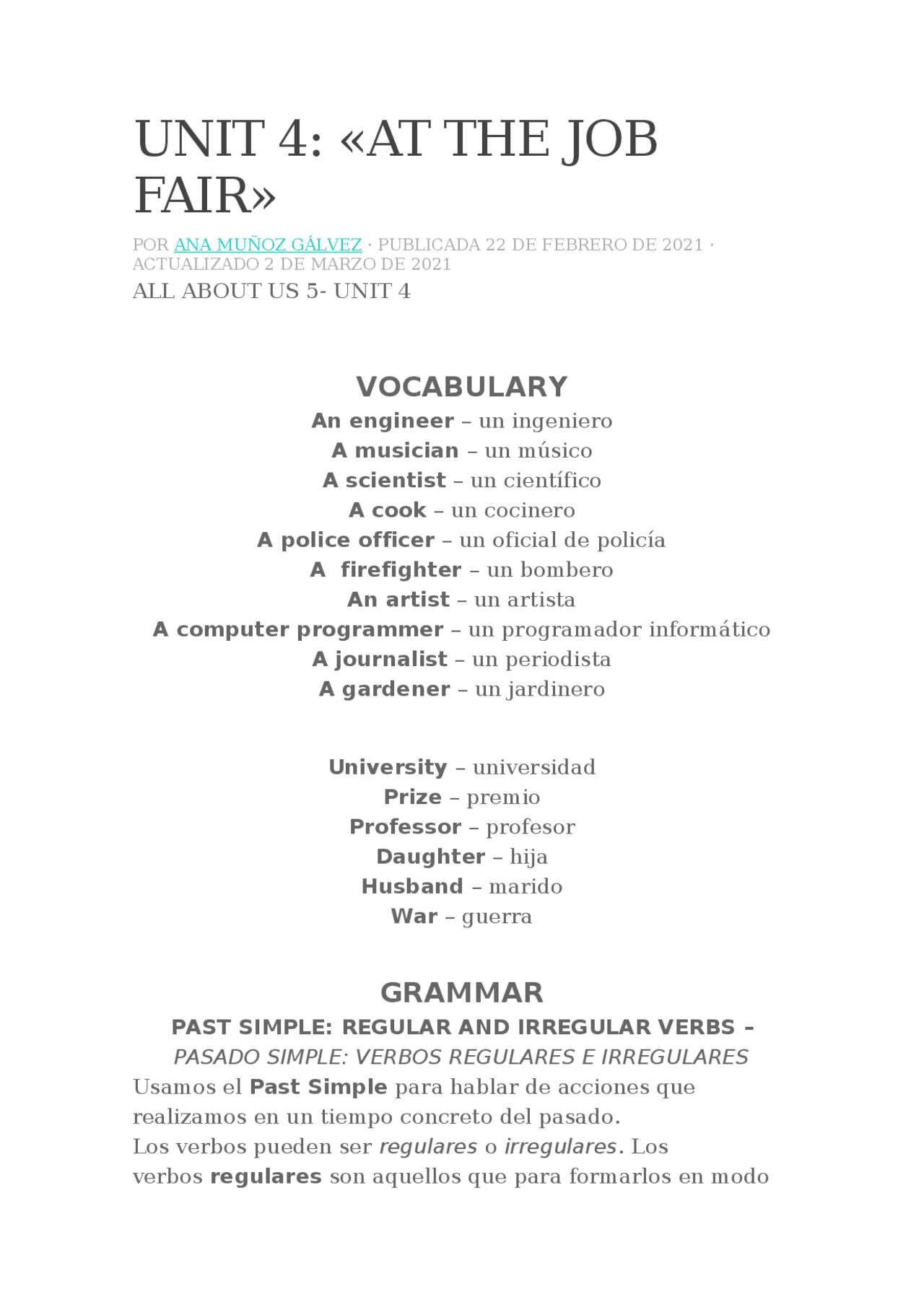 Vocabulario ingles 5º primaria | Apuntes de Inglés | Docsity