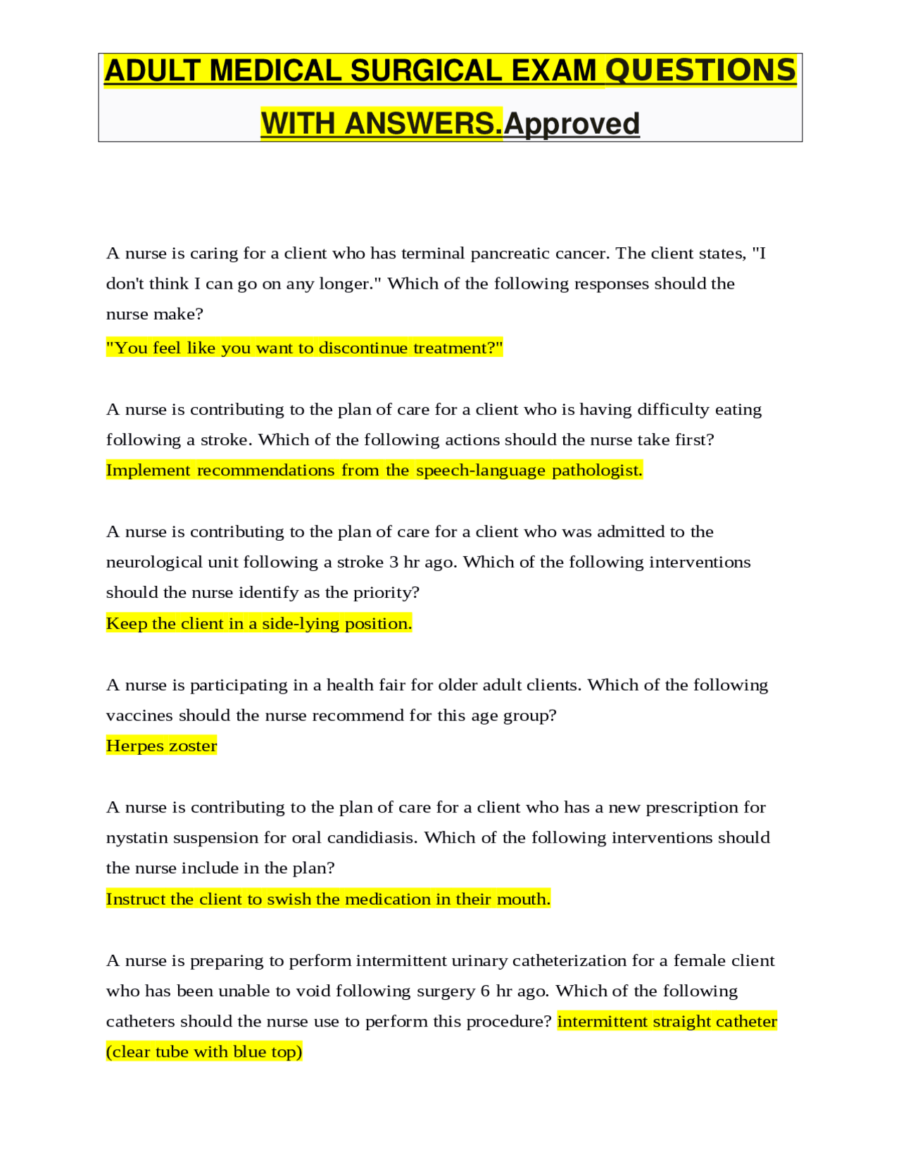 Adult Medical Surgical Exam Questions with Answers | Exams Nursing ...