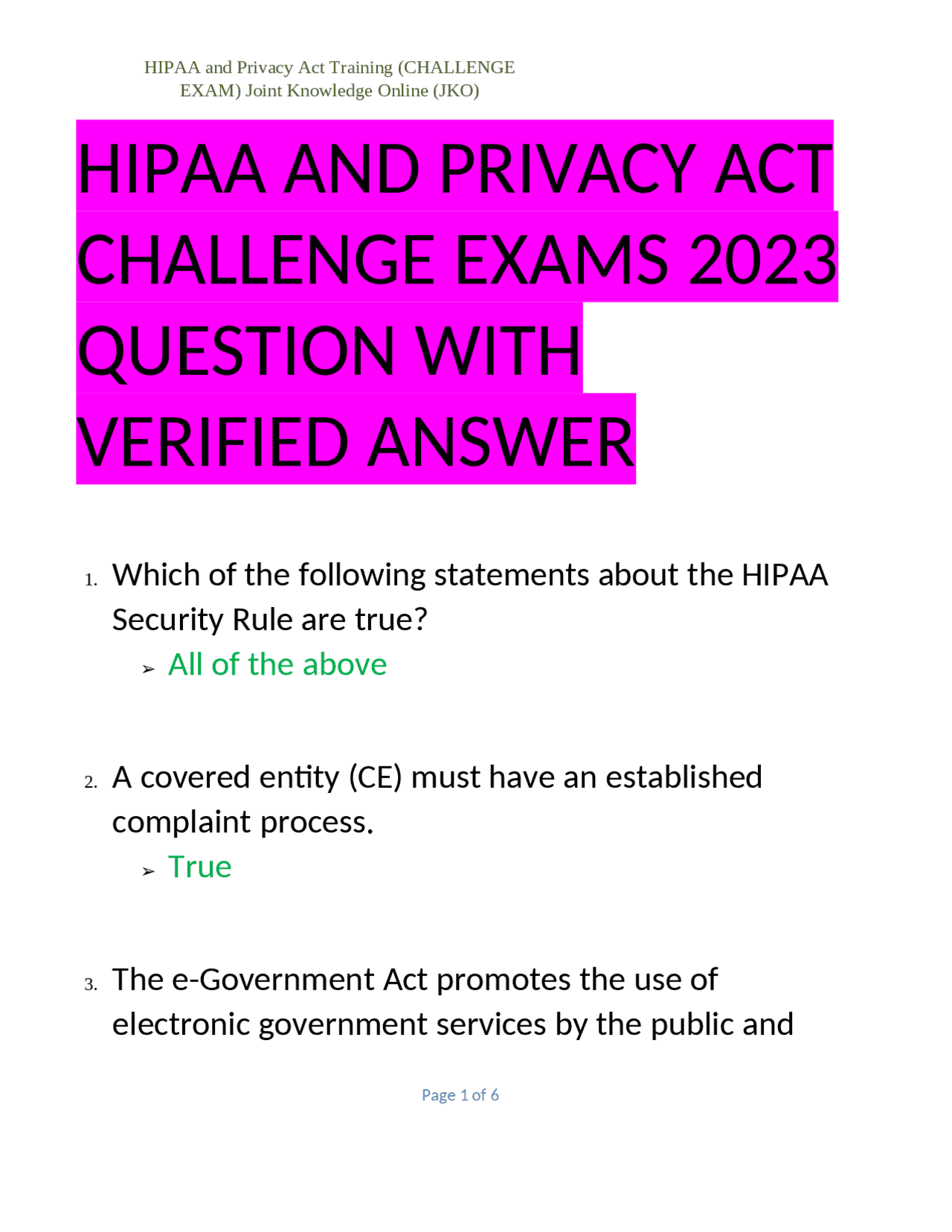 HIPAA AND PRIVACY ACT CHALLENGE EXAMS 2023 QUESTION WITH VERIFIED ANSWER | Exams Computer ...