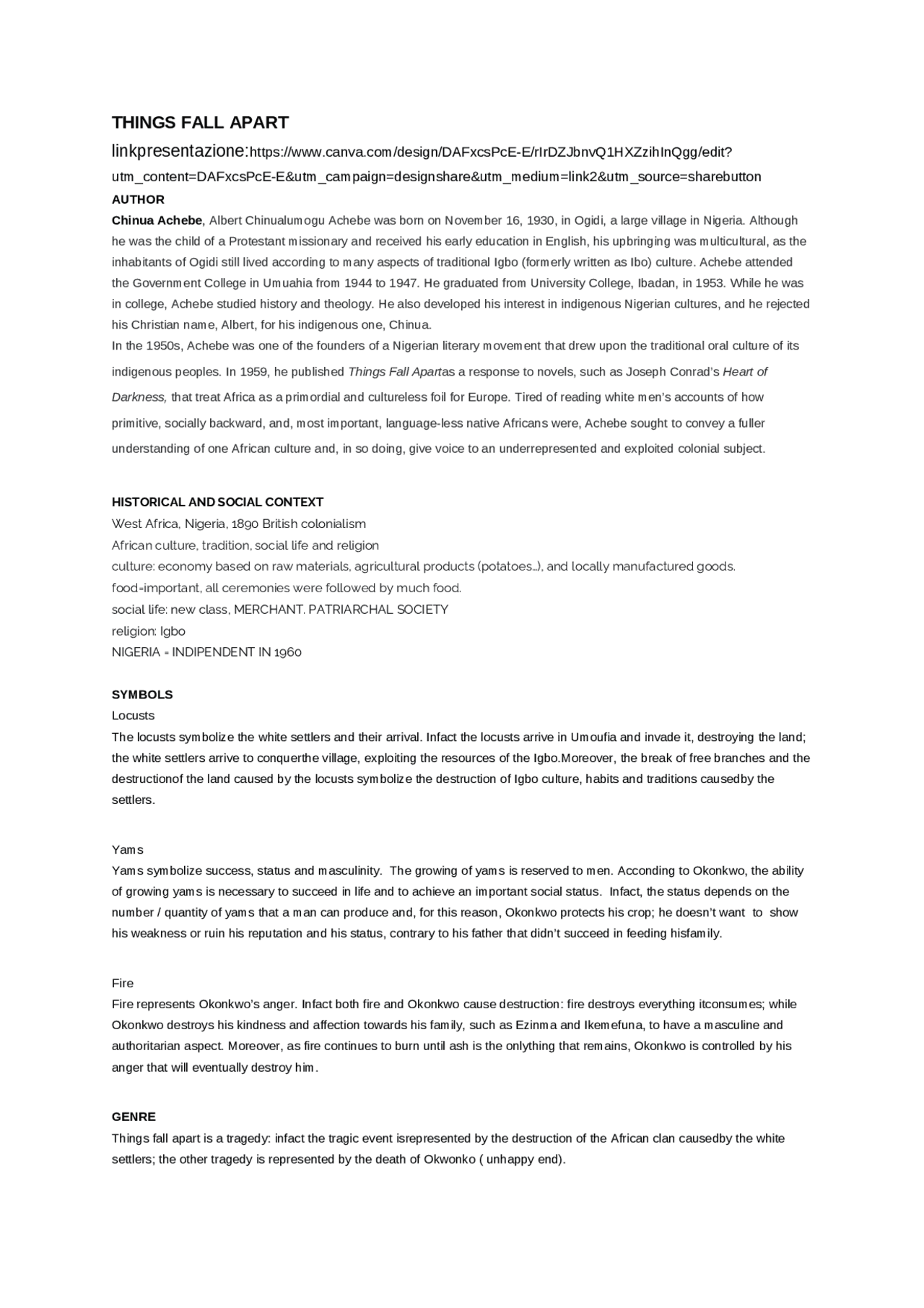 ANALISI DI THINGS FALL APART | Appunti di Inglese | Docsity