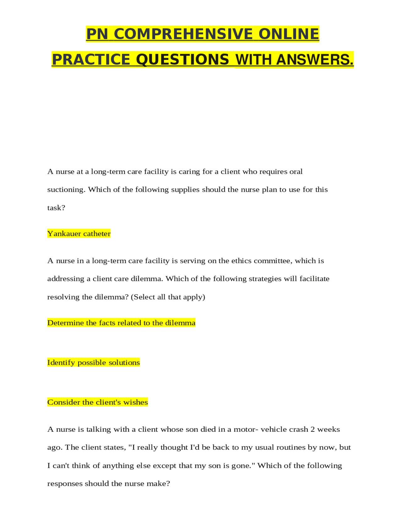 PN COMPREHENSIVE ONLINE PRACTICE QUESTIONS WITH ANSWERS. | Exams ...