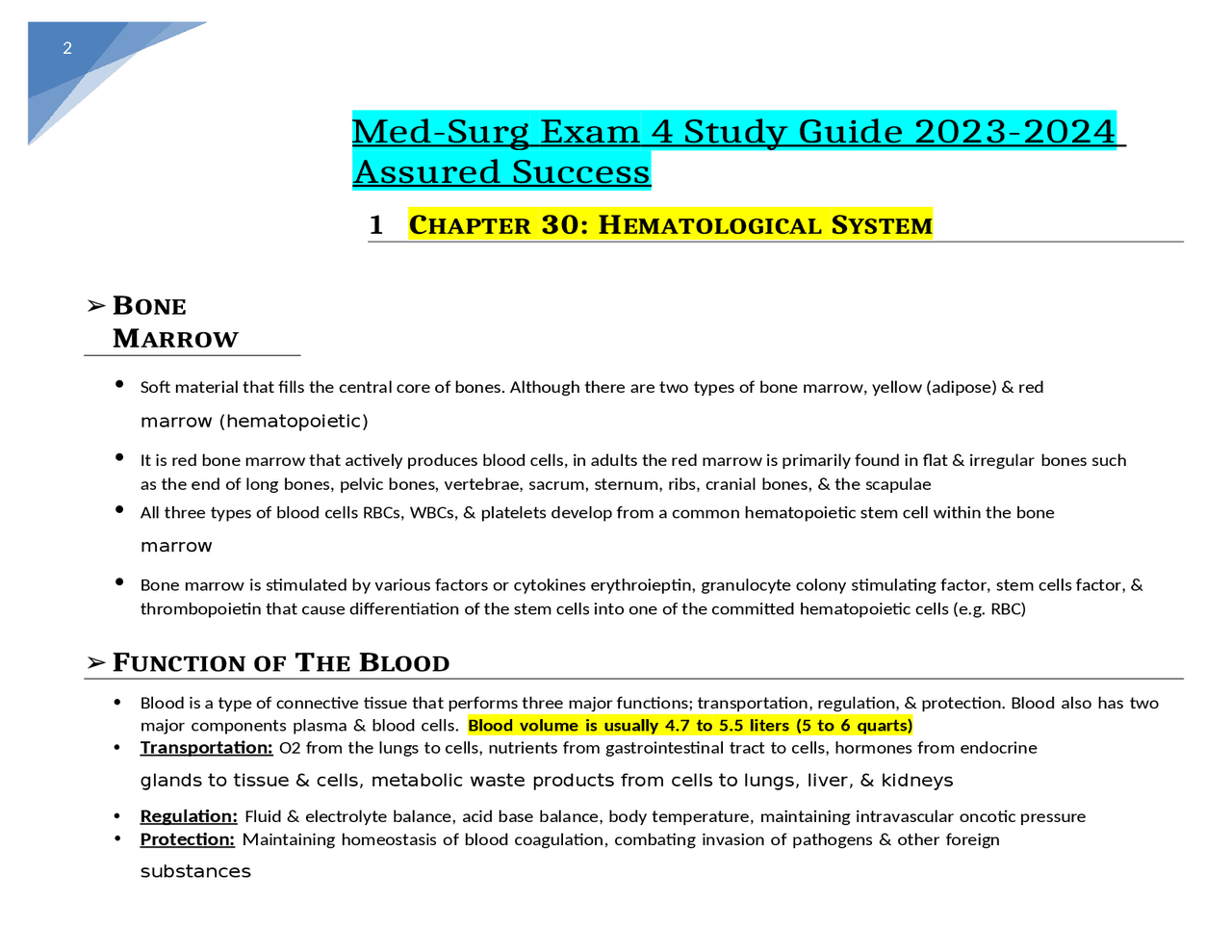 Bone Marrow and Hematological System Study Guide | Exams Medicine | Docsity