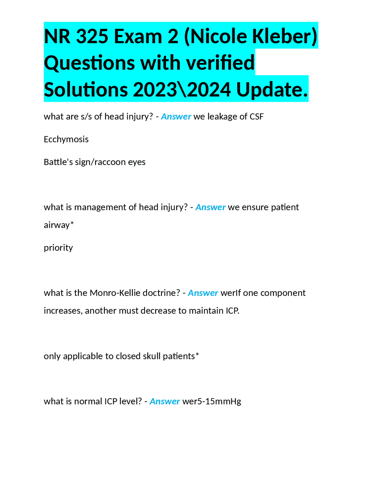 NR 325 Exam 2 (Nicole Kleber) Questions with verified Solutions 2023 ...