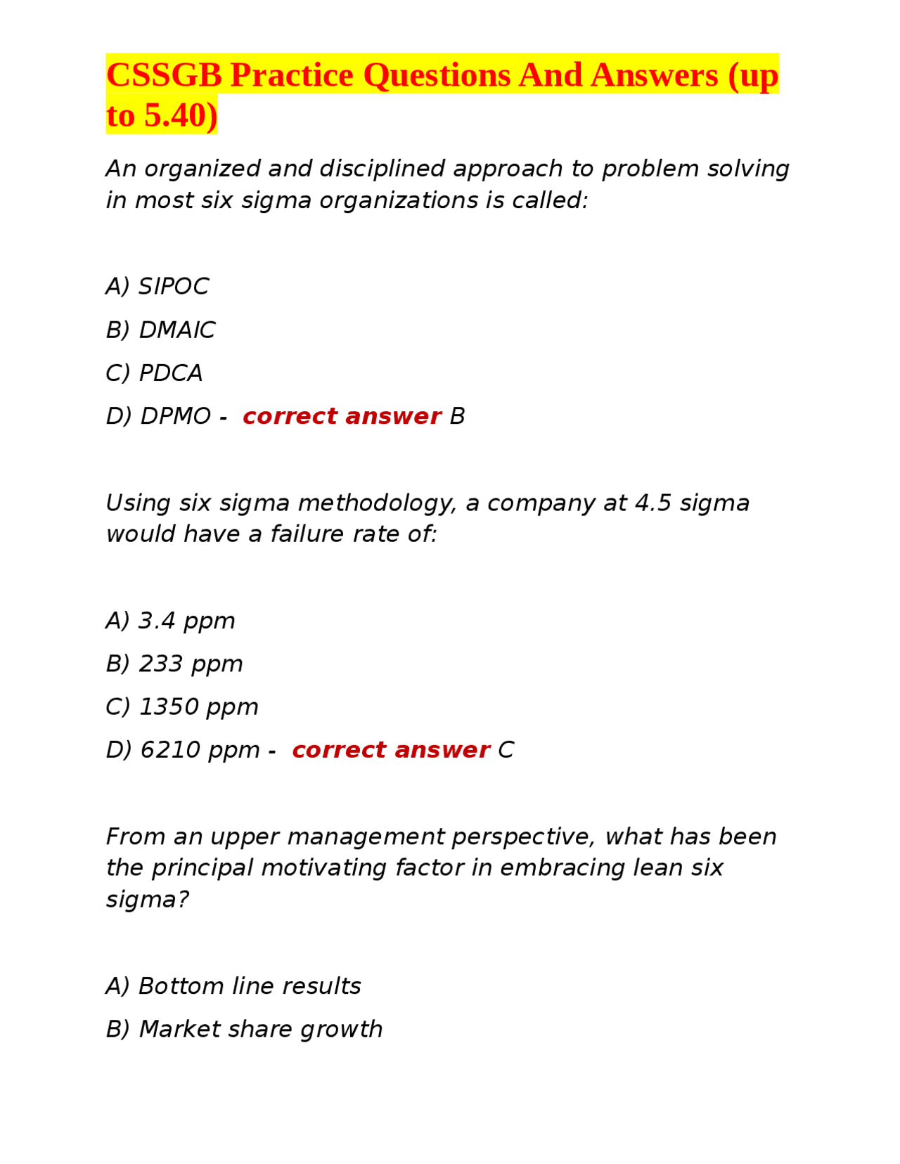 CSSGB Practice Questions And Answers (up to 5.40) | Exams Sociology | Docsity