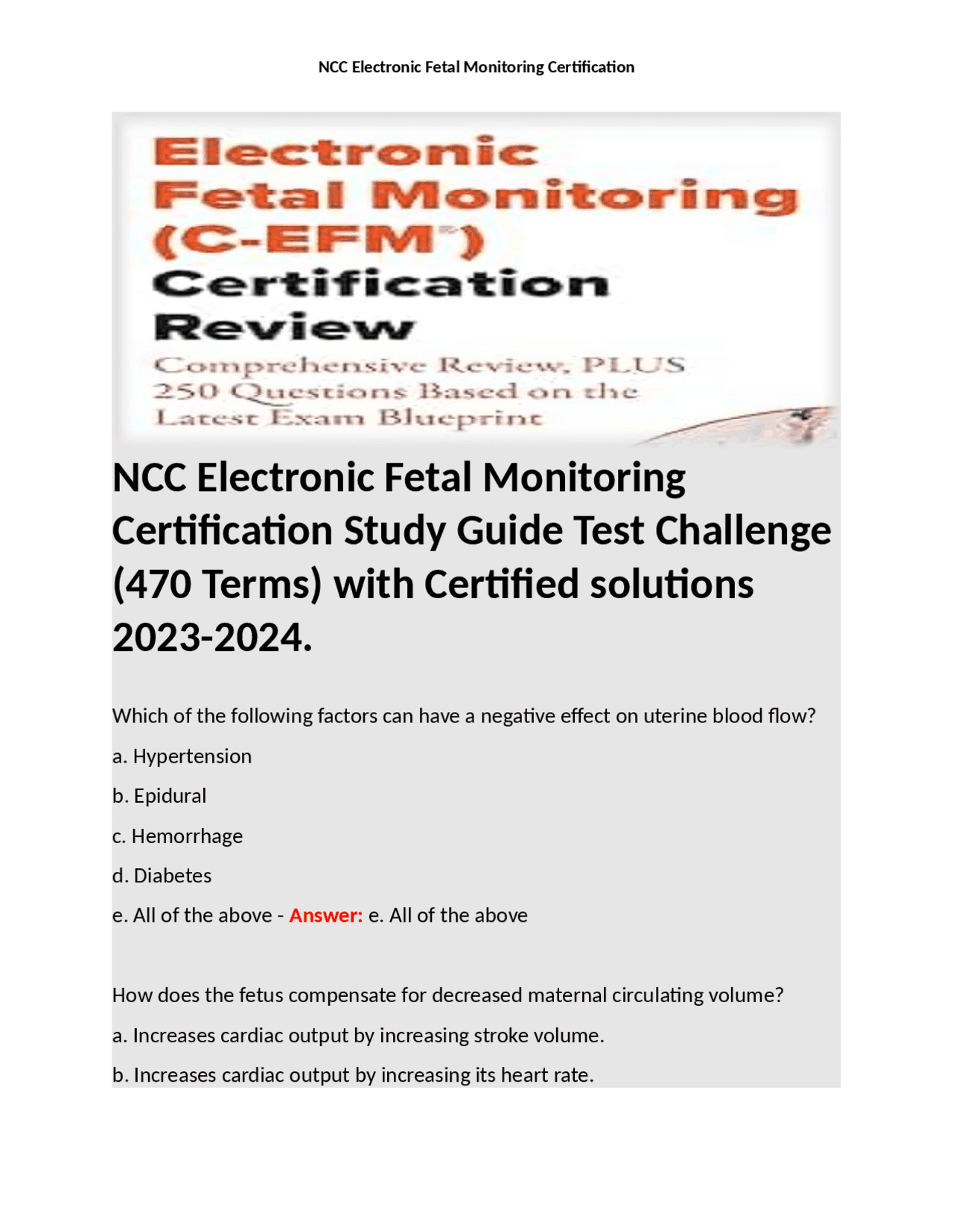 NCC Electronic Fetal Monitoring Certification Study Guide Test ...