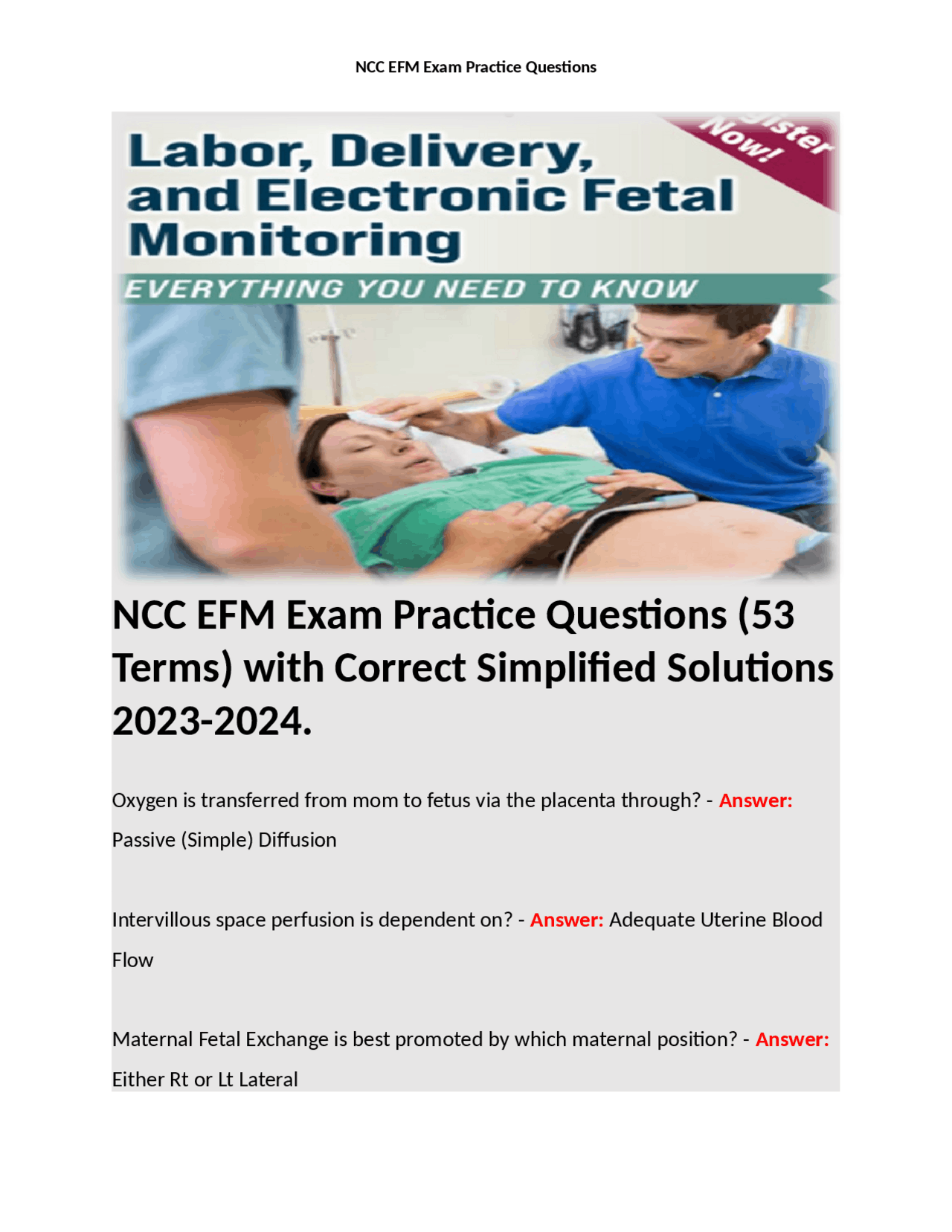 NCC EFM Exam Practice Questions | Exams Nursing | Docsity