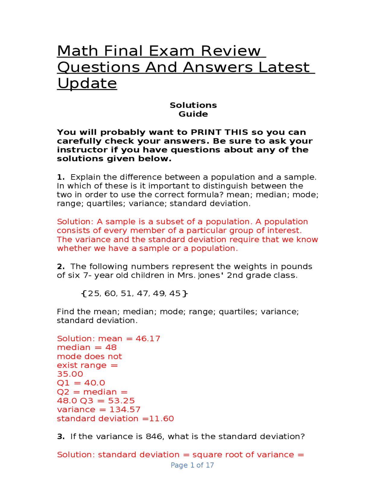 Math Final Exam Review Questions And Answers Latest Update | Exams ...