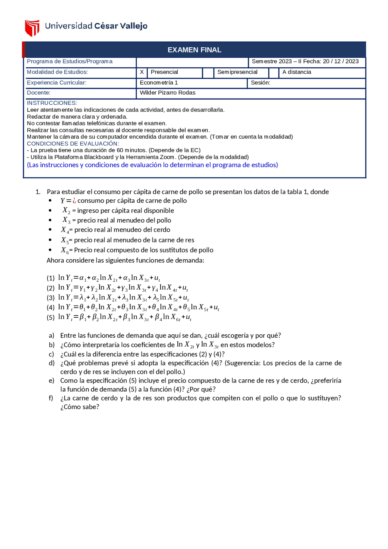 Examen Econometria Ucv Los Olivos | Exámenes de Introducción a la Econometría | Docsity