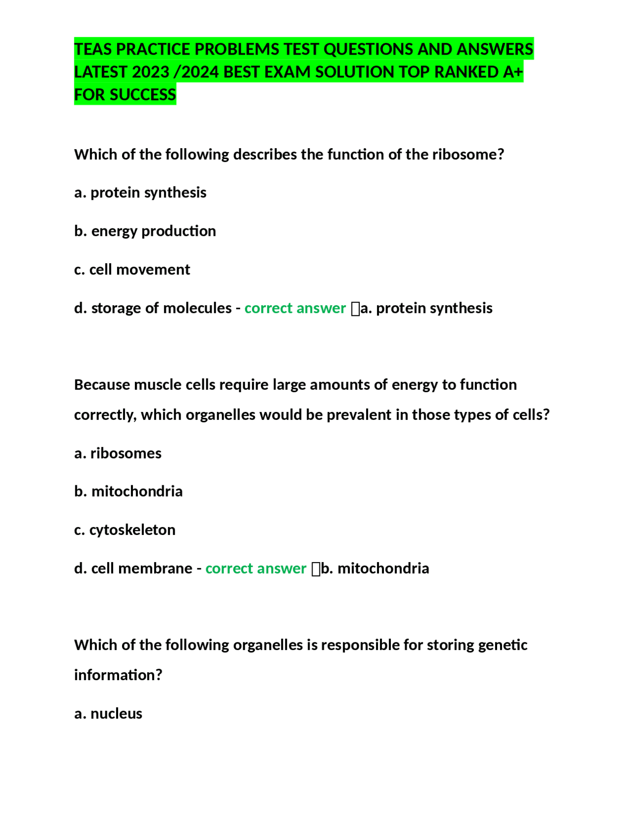 TEAS Practice Problems Test Questions and Answers | Exams Nursing | Docsity