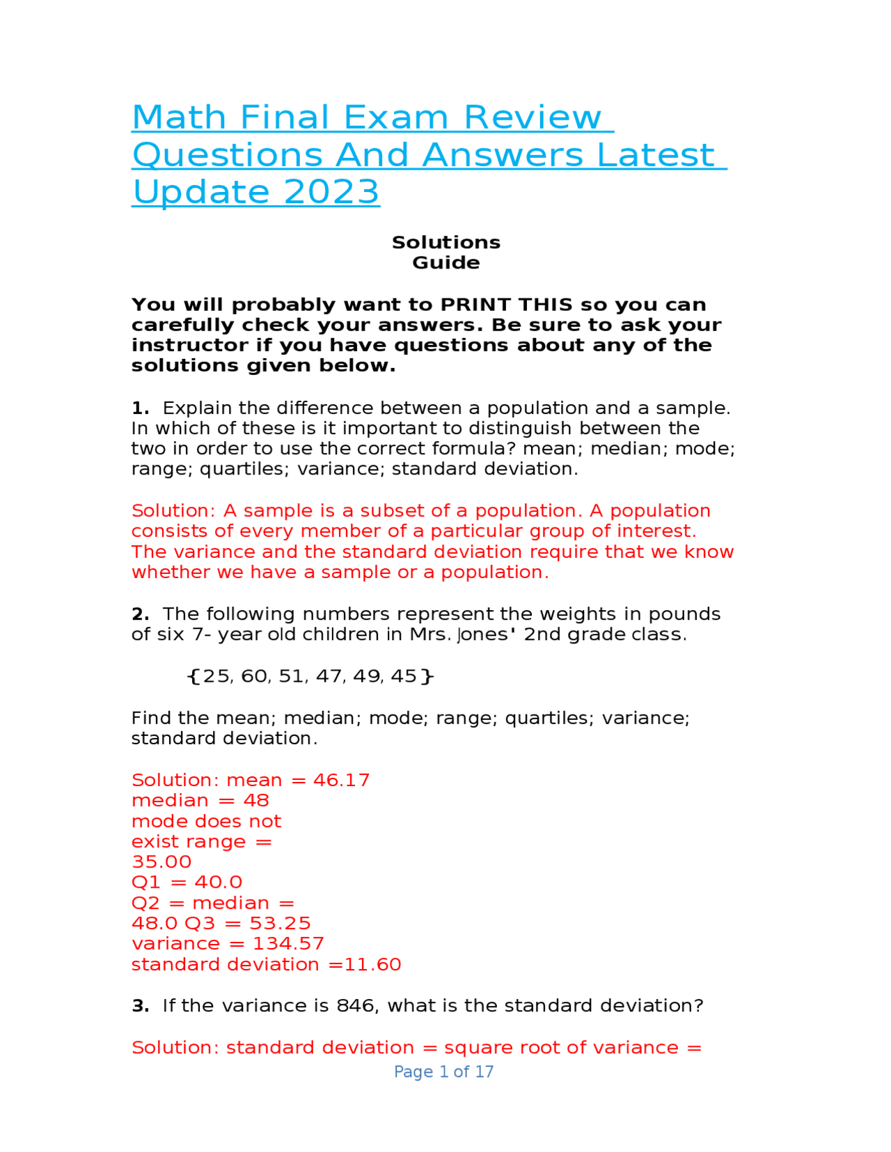 Math Final Exam Review Questions And Answers Latest Update 2023 | Exams ...