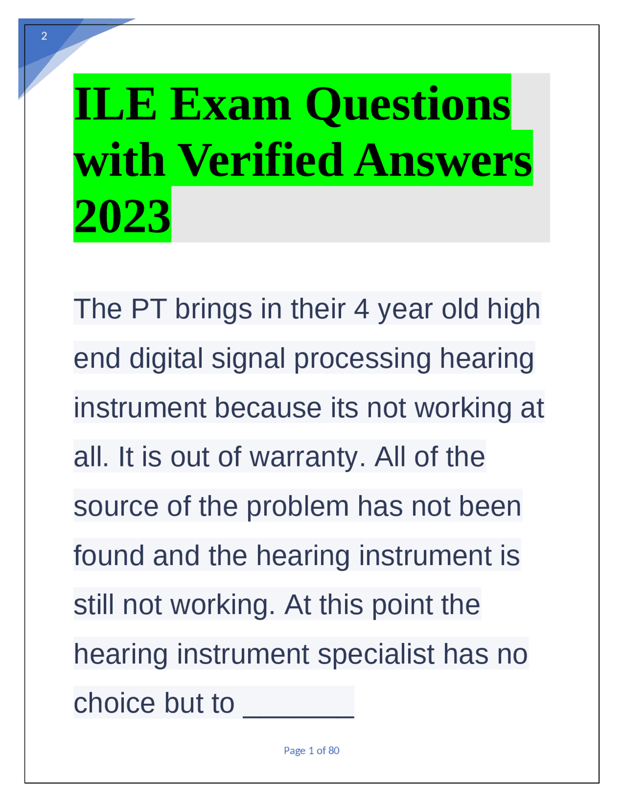 ILE Exam Questions with Verified Answers 2023 | Exams Nursing | Docsity