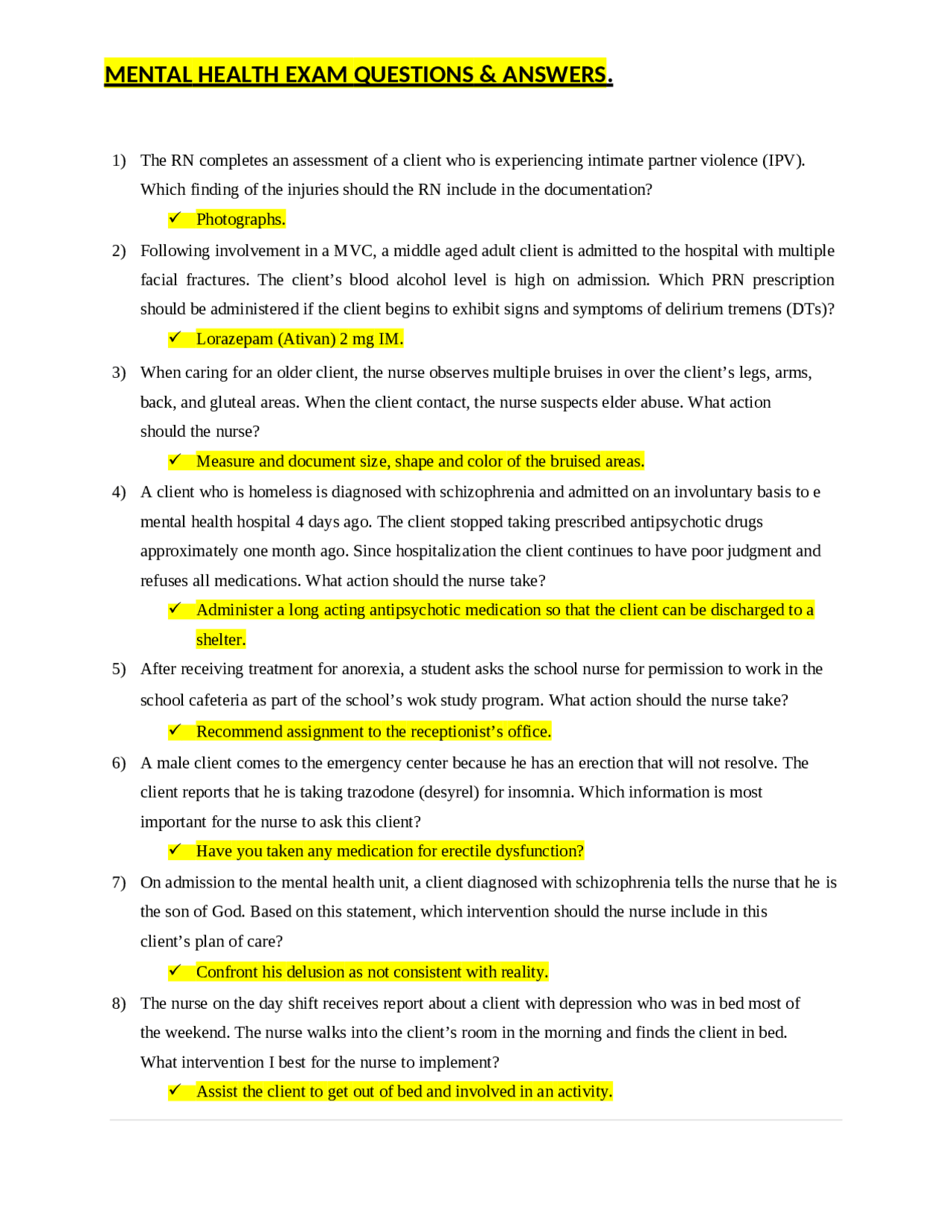 MENTAL HEALTH EXAM QUESTIONS & ANSWERS. | Exams Nursing | Docsity