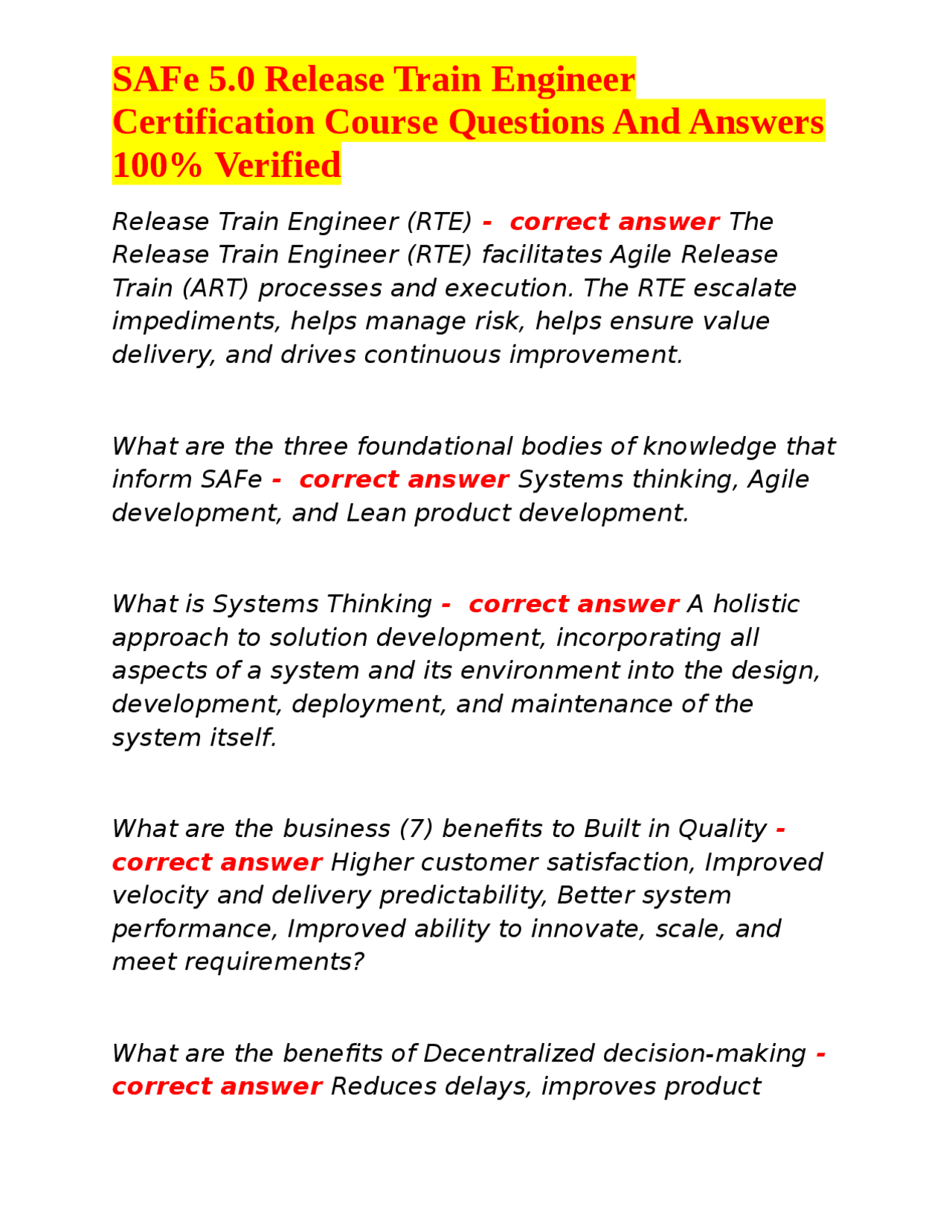 SAFe 5.0 Release Train Engineer Certification Course Questions And ...