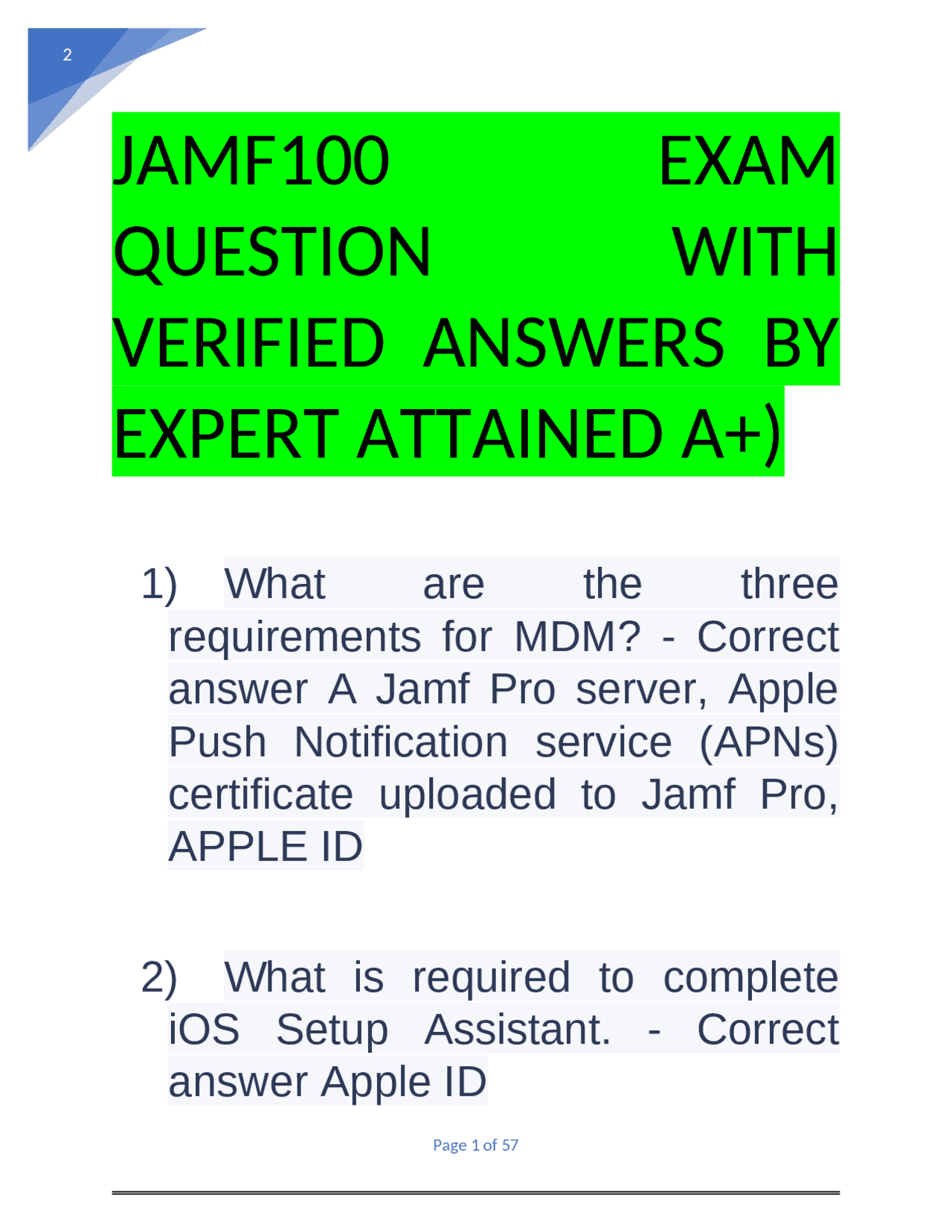 JAMF100 EXAM QUESTION WITH VERIFIED ANSWERS BY EXPERT ATTAINED A+) | Exams Information ...