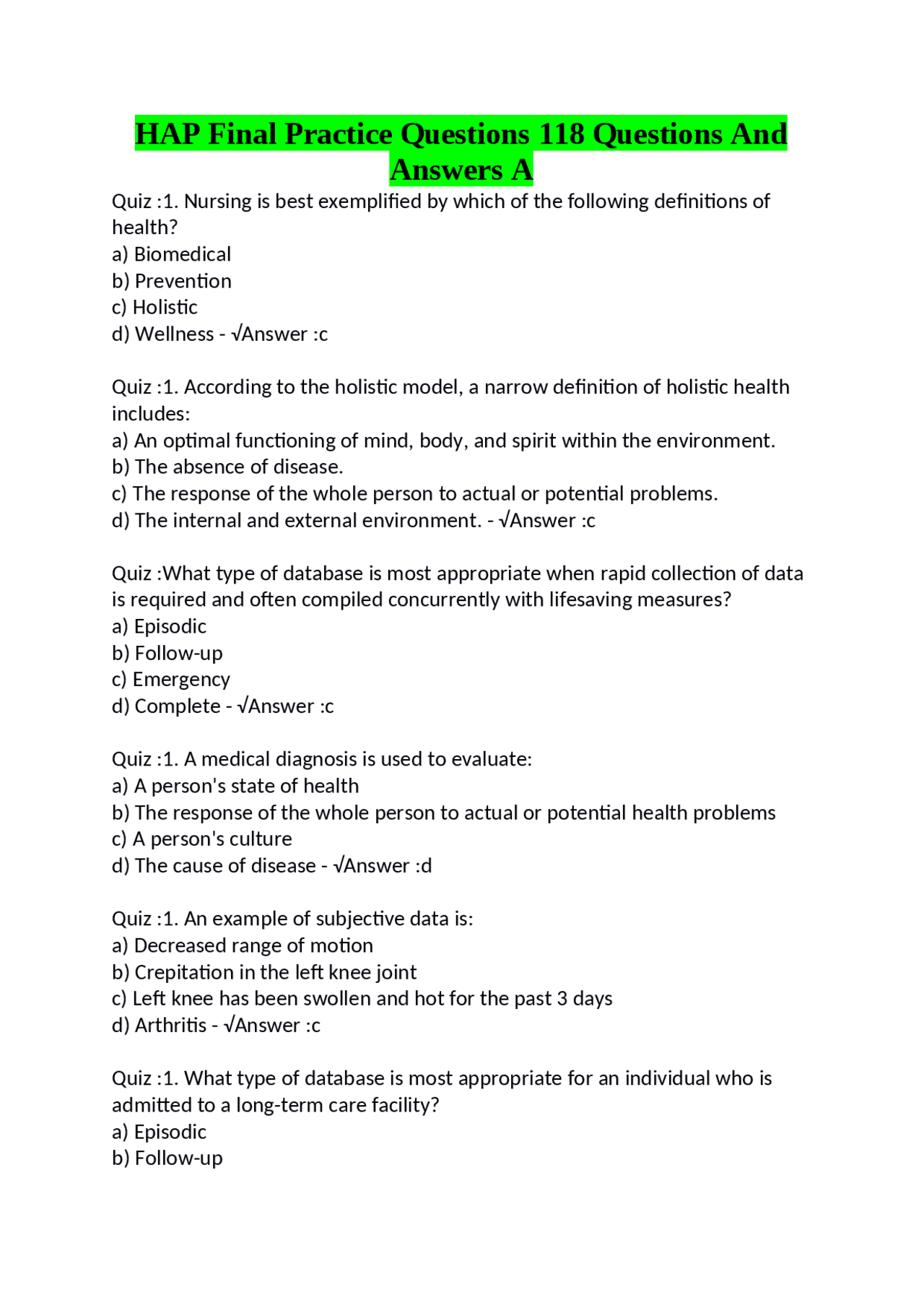HAP Final Practice Questions and Answers | Exams Nursing | Docsity