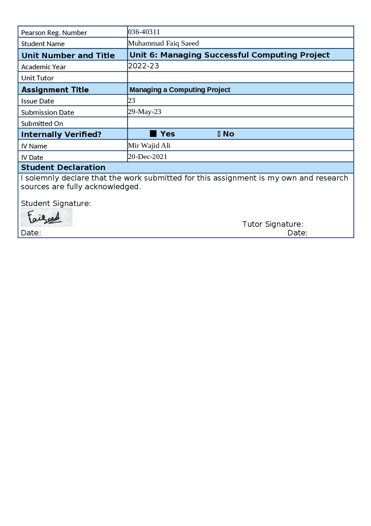 Managing Successful Computing Project | Assignments Computer science | Docsity