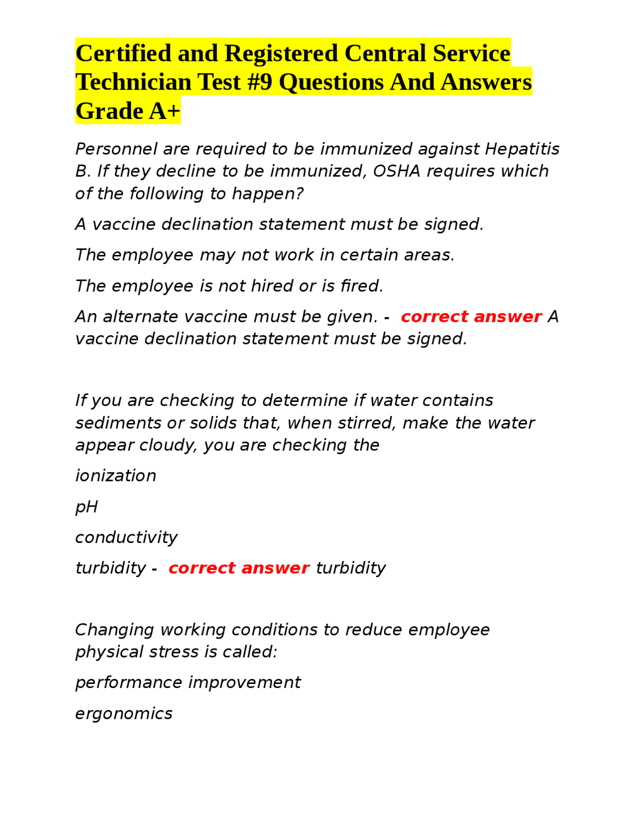 Certified and Registered Central Service Technician Test #9 Questions ...