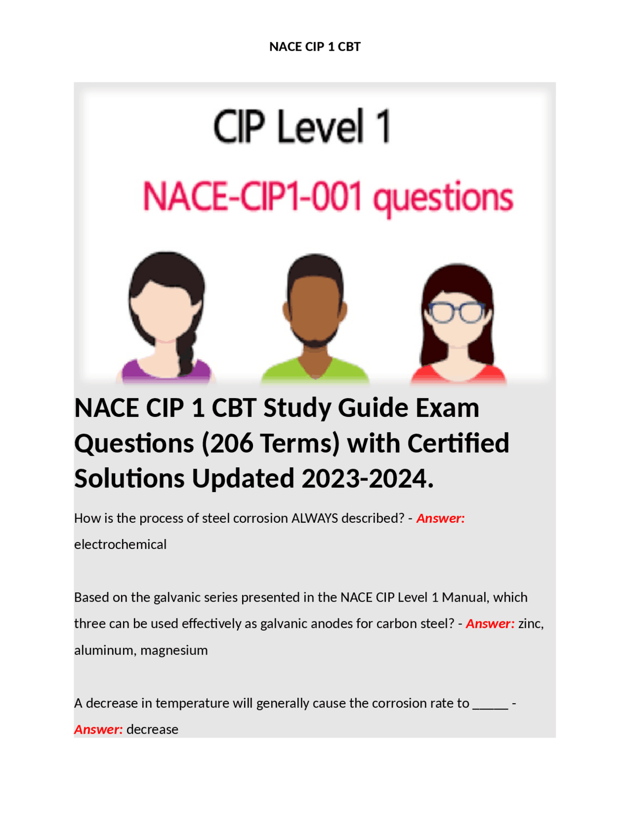 NACE CIP 1 CBT Study Guide Exam Questions (206 Terms) with Certified ...