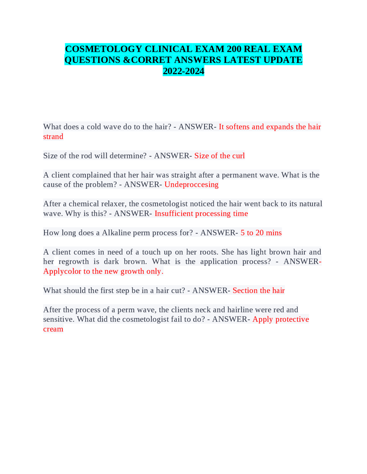 Cosmetology Clinical Exam Questions and Answers | Exams Cosmetology ...