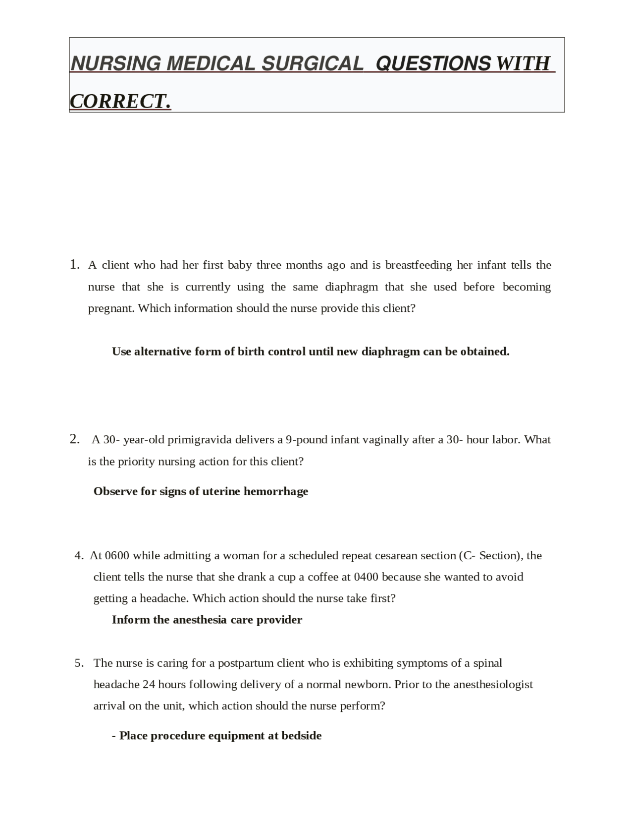 NURSING MEDICAL SURGICAL QUESTIONS WITH CORRECT. | Exams Nursing | Docsity