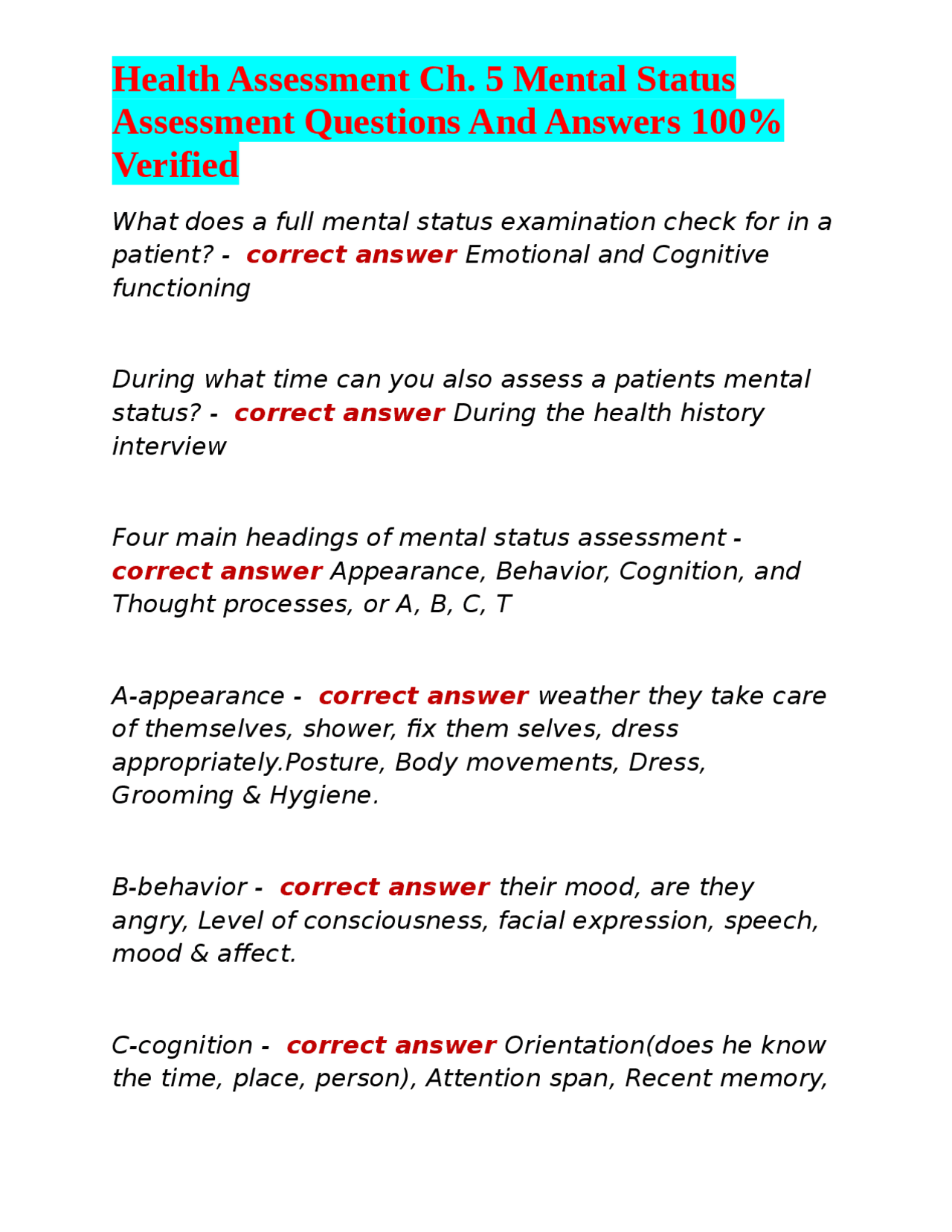 Mental Status Assessment Questions and Answers | Exams Nursing | Docsity