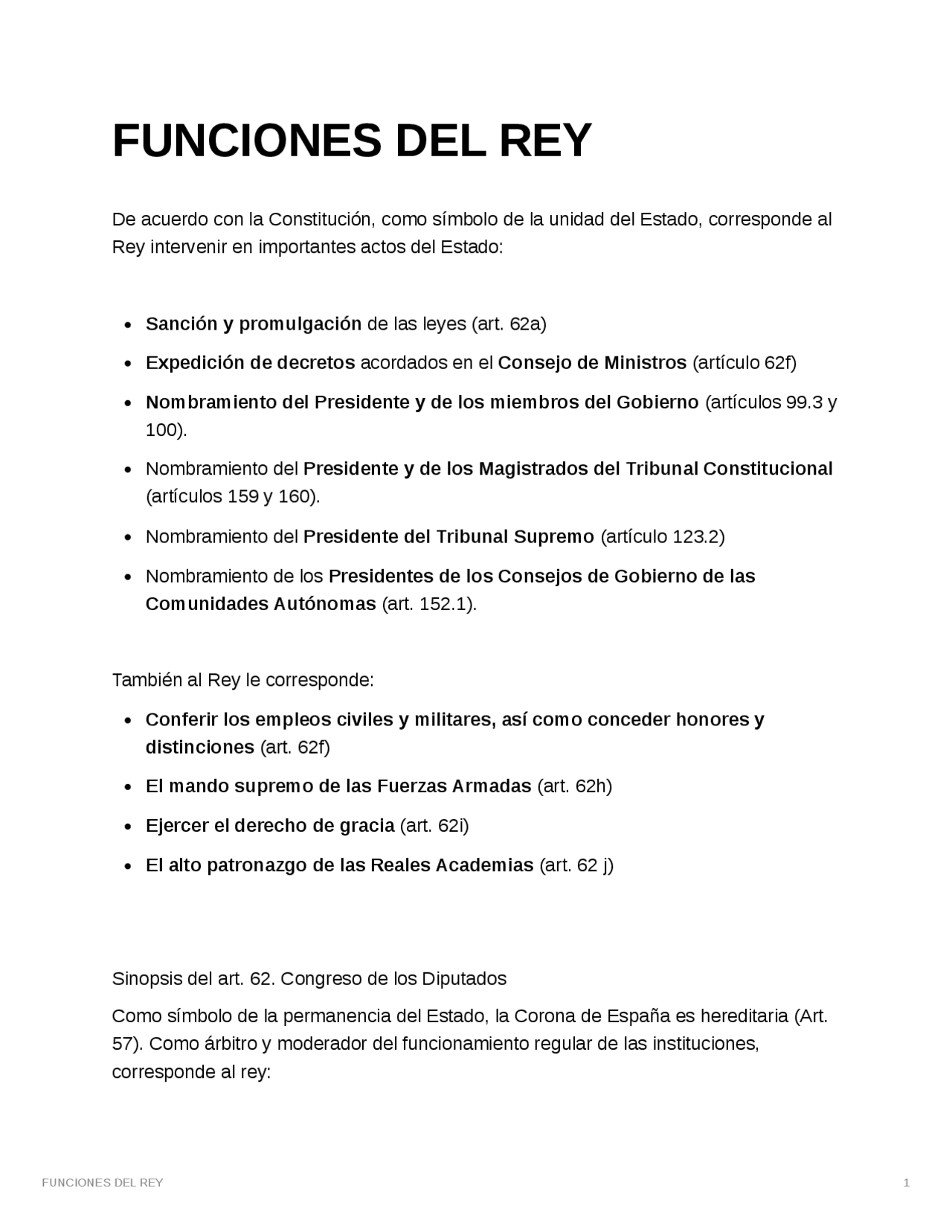 El rey, funciones completas | Apuntes de Derecho Constitucional | Docsity