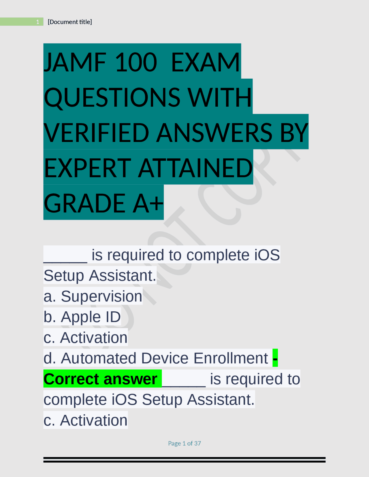 JAMF 100 EXAM QUESTIONS WITH VERIFIED ANSWERS BY EXPERT ATTAINED GRADE A+ | Exams Information ...