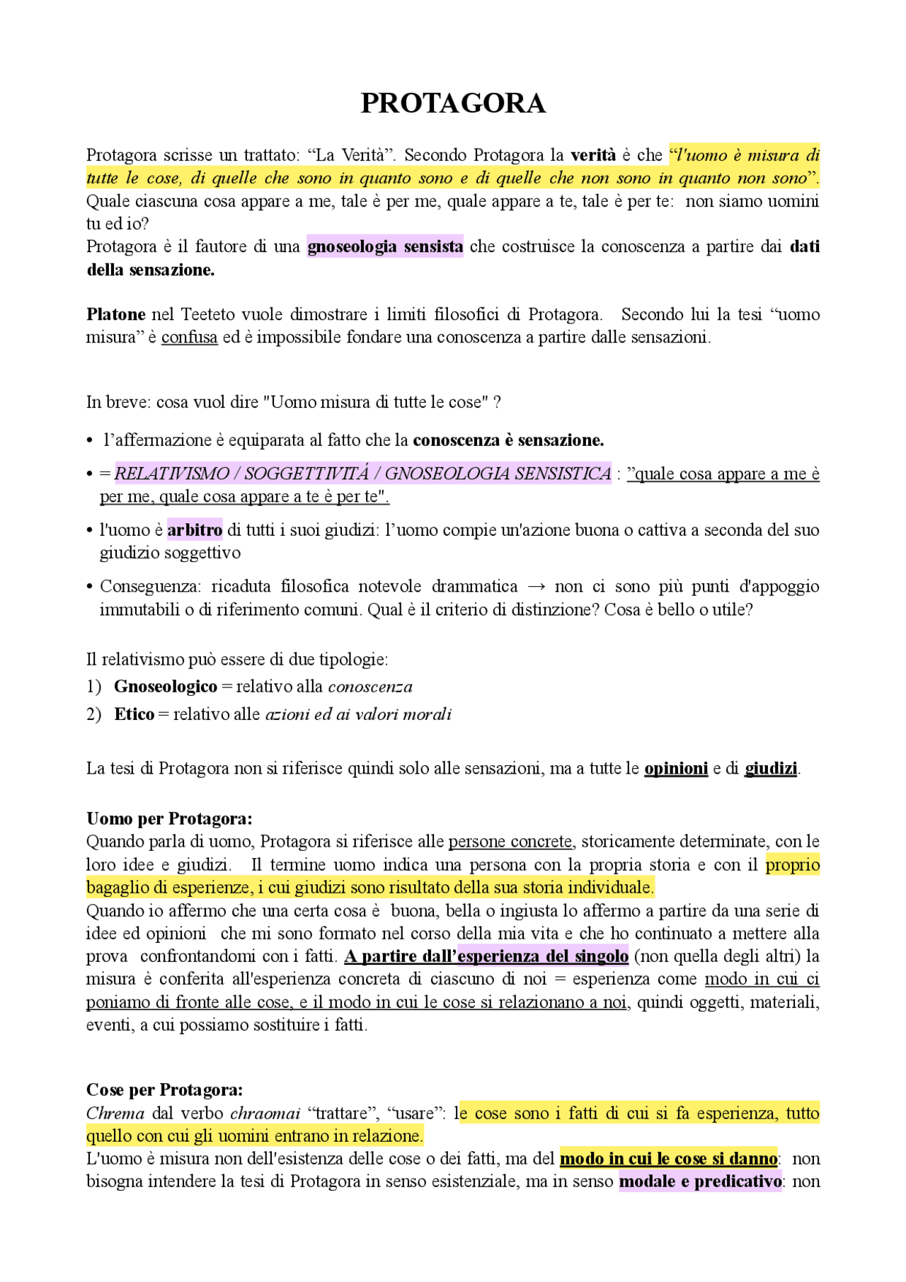 Protagora - cos’è il relativismo? | Dispense di Filosofia | Docsity