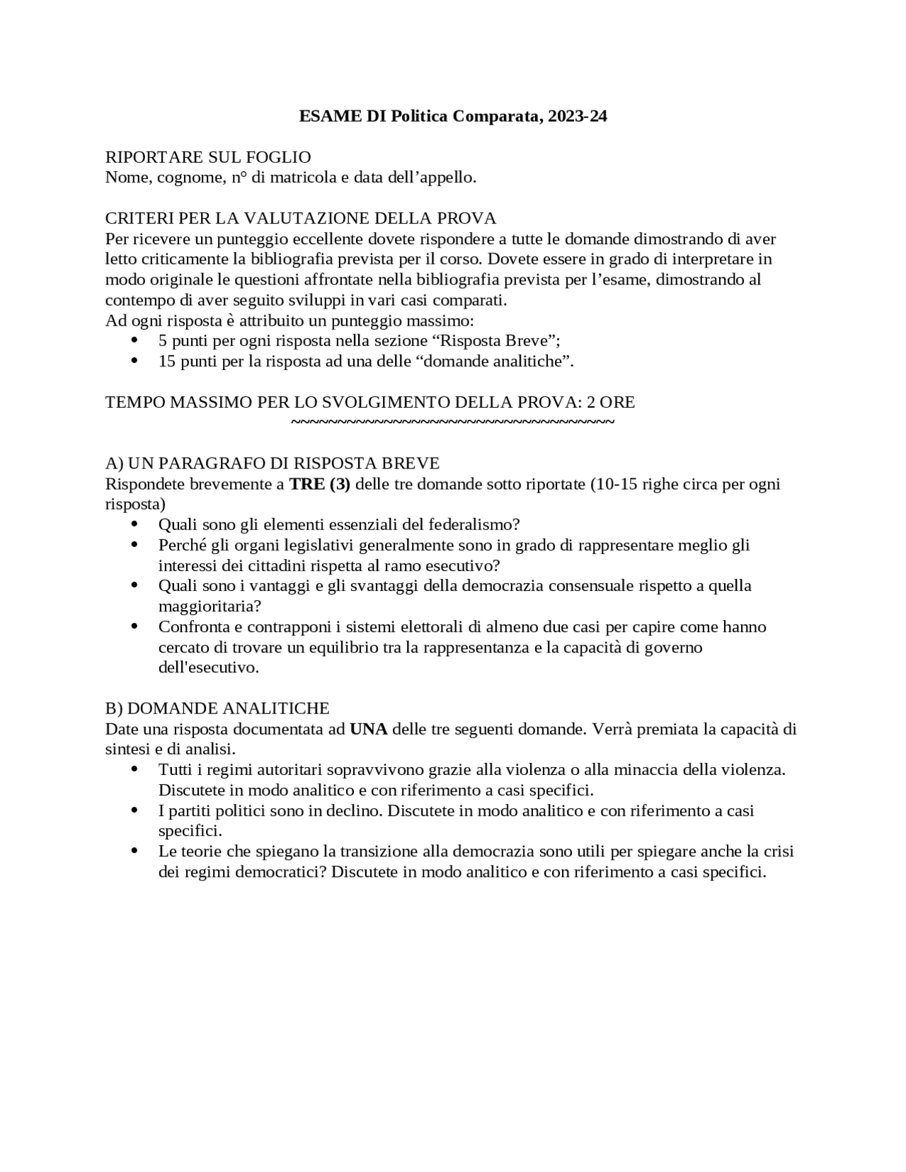 fac-simile della prova d'esame | Prove d'esame di Leadership politica ...