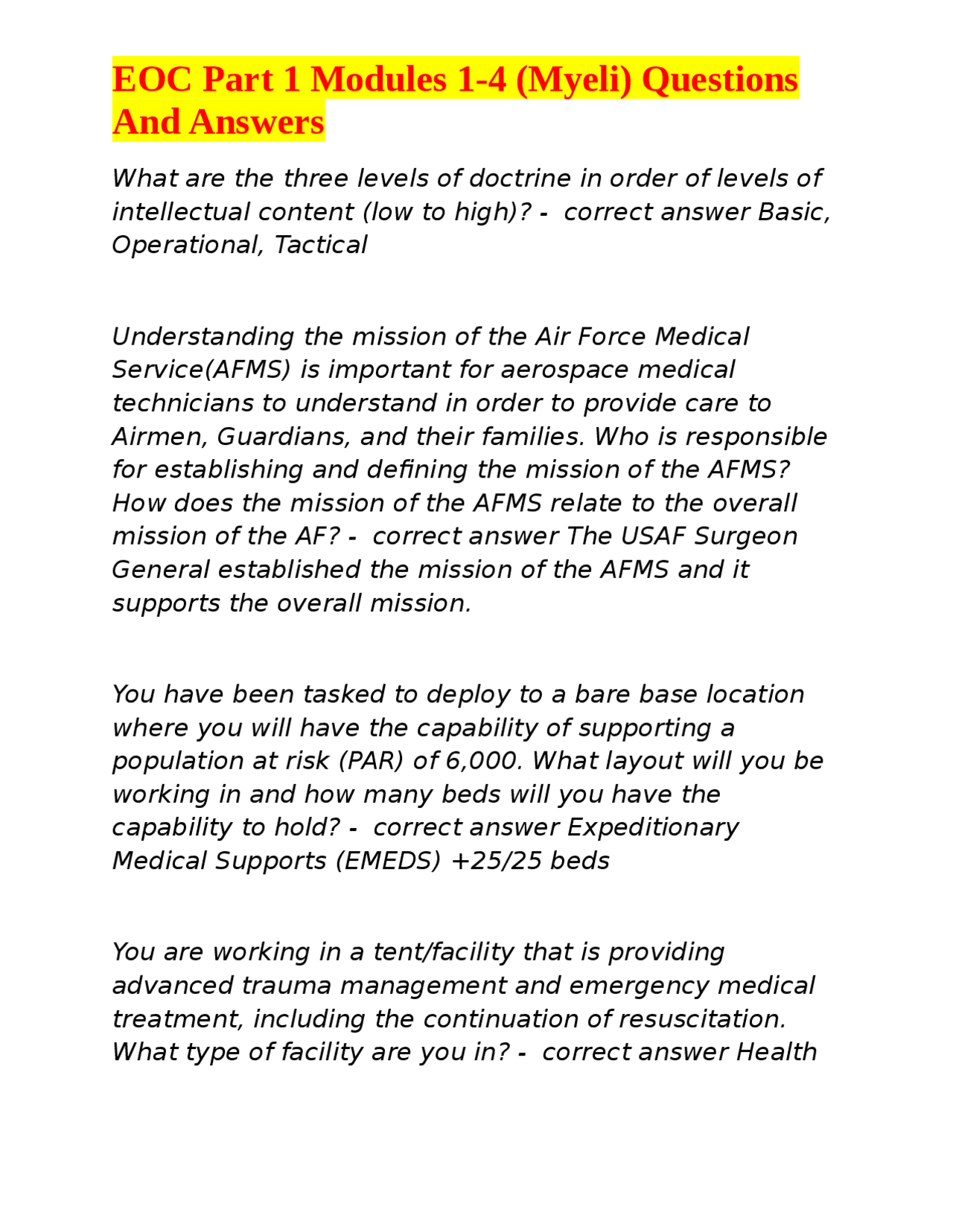 EOC Part 1 Modules 1-4 (Myeli) Questions And Answers | Exams Nursing | Docsity