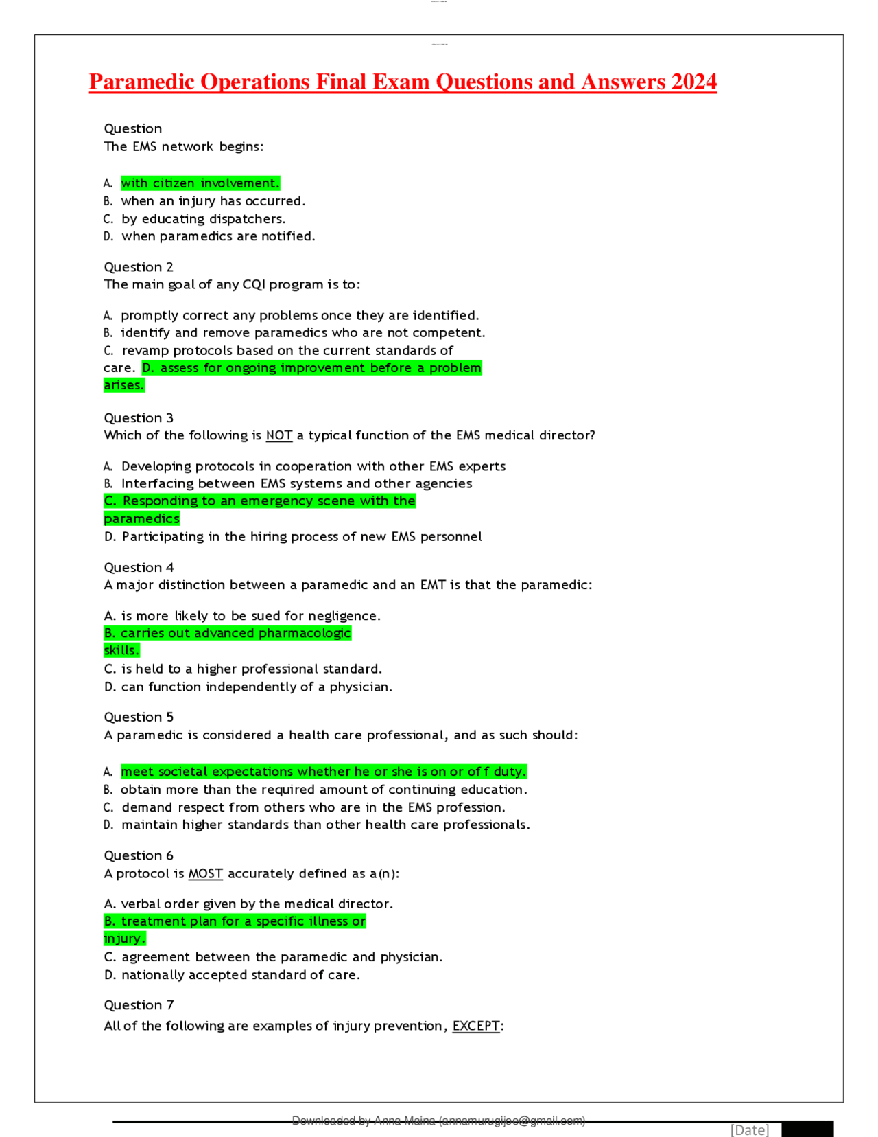 Paramedic Operations Final Exam Questions and Answers 2024 | Exams ...