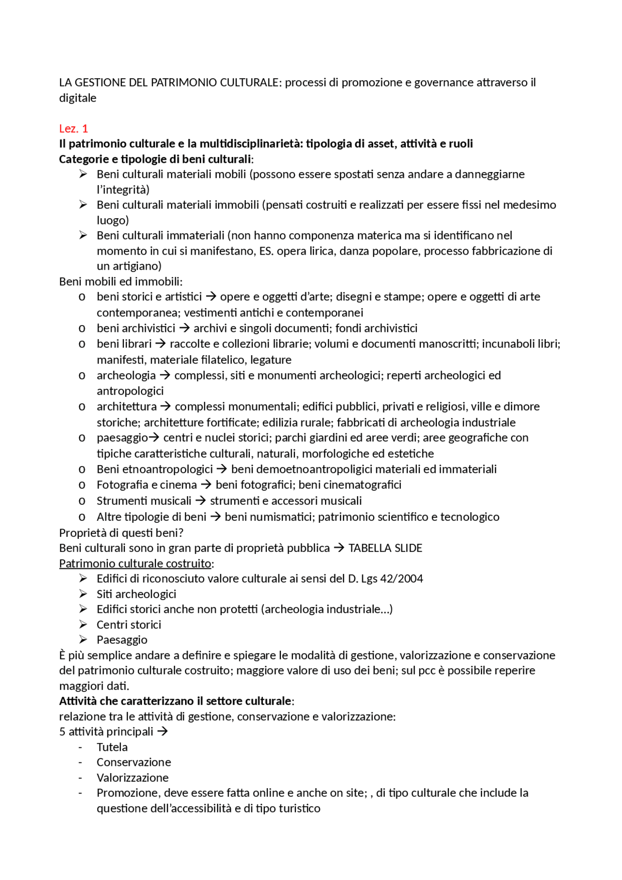 la gestione del patrimonio culturale | Appunti di Controllo digitale ...