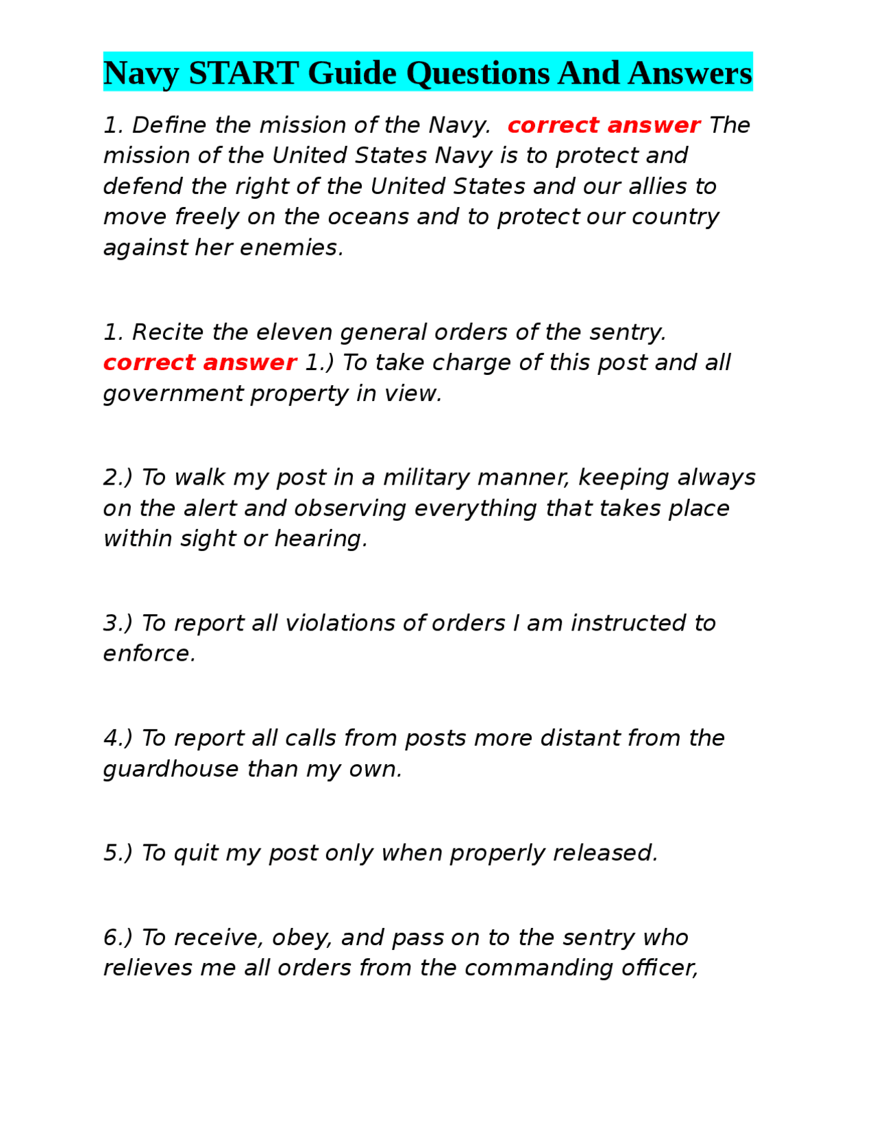 Navy START Guide Questions And Answers | Exams Social Security Law ...