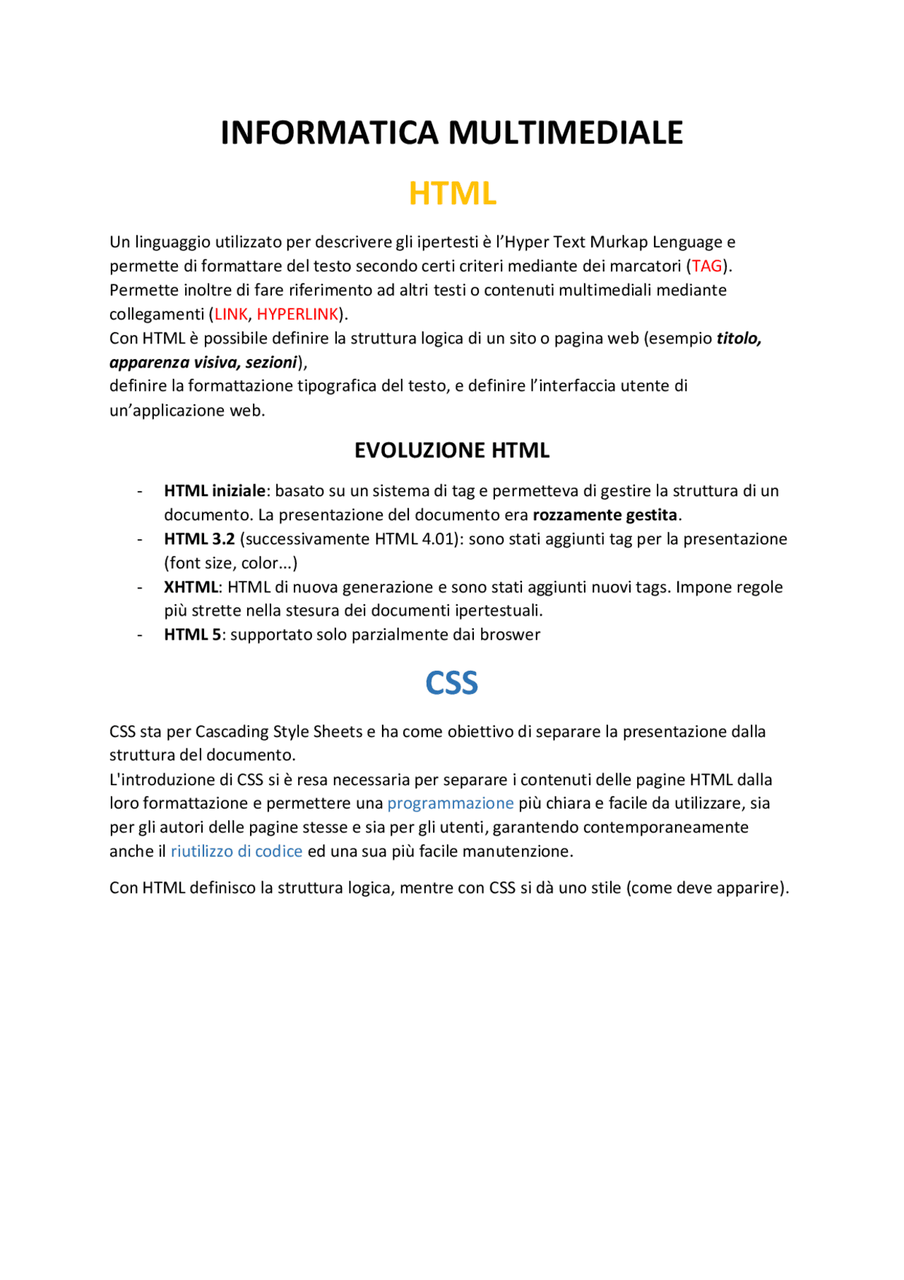 Html E Css Linguaggio Di Programmazione Schemi E Mappe Concettuali Di Informatica Gestionale