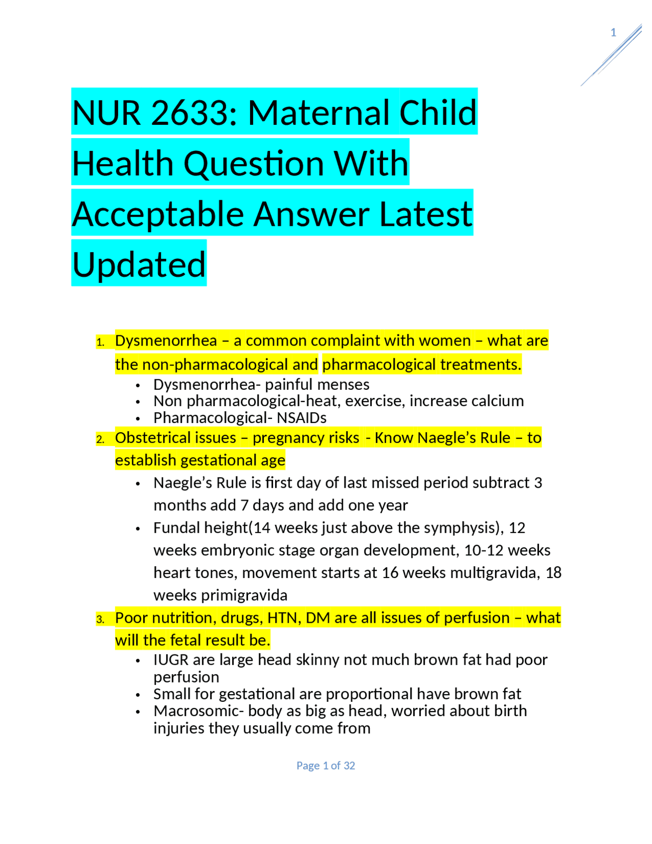 Maternal Child Health Questions and Answers | Exams Nursing | Docsity