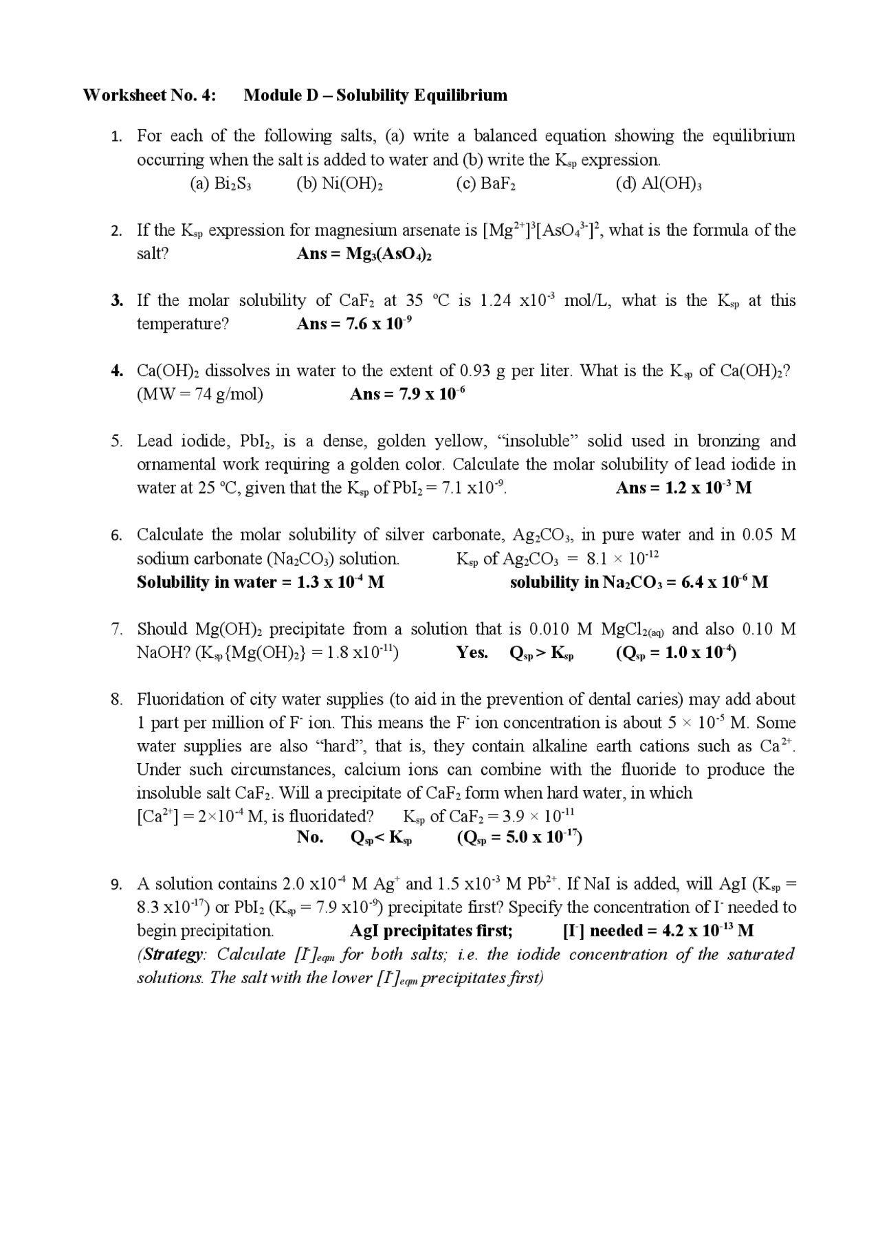 Module D: Solubility Equilibrium | Quizzes Inorganic Chemistry | Docsity