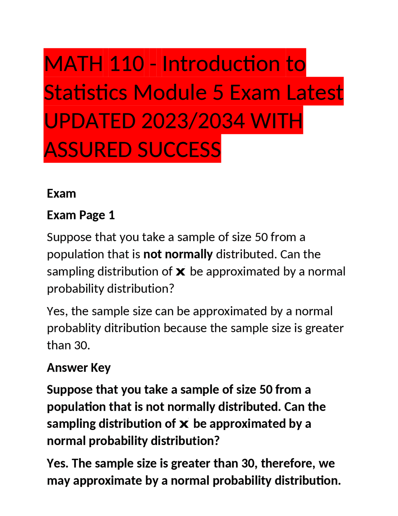 Math 110 Introduction To Statistics Module 5 Exam Latest Updated 2023 2034 With Assured