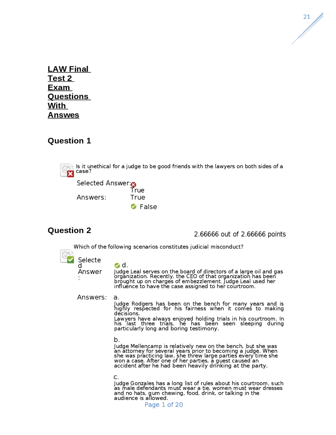 LAW Final Test 2 Exam Questions With Answes | Exams Law | Docsity