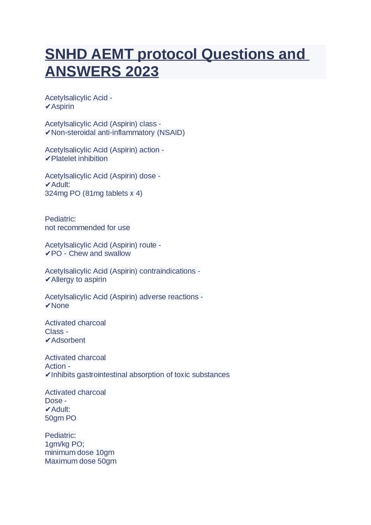 SNHD AEMT Protocol Questions and Answers | Exams Nursing | Docsity
