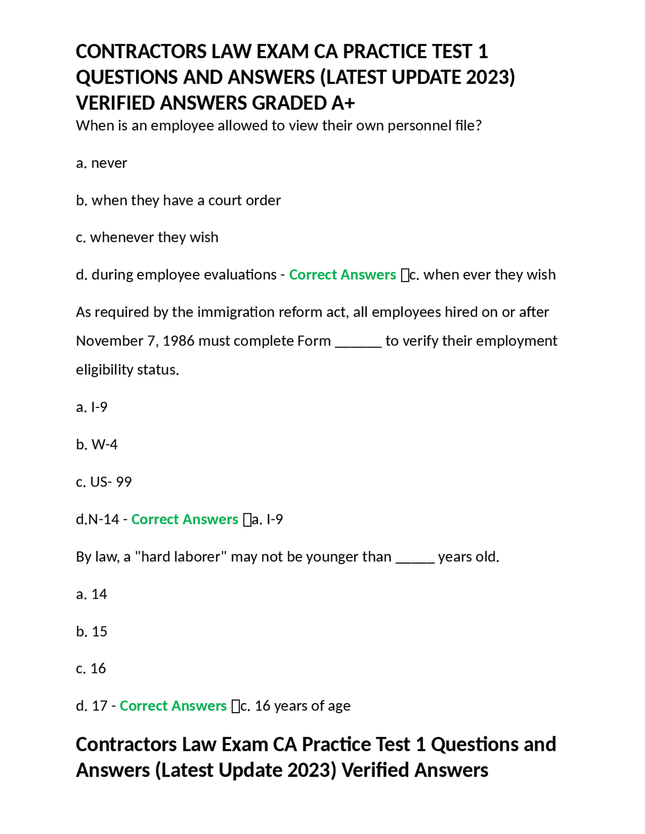 CONTRACTORS LAW EXAM CA PRACTICE TEST 1 QUESTIONS AND ANSWERS (LATEST ...