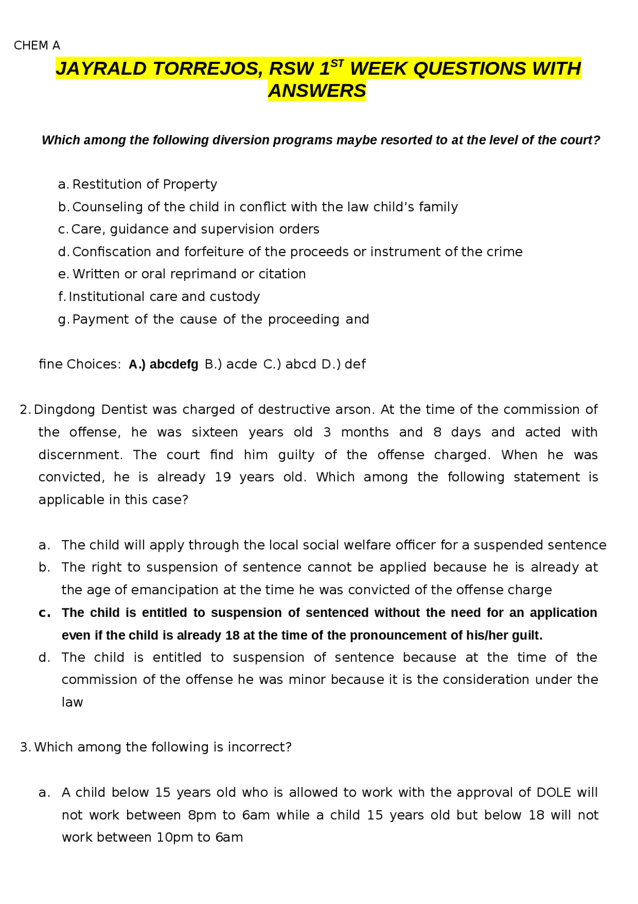 Juvenile Justice and Child Protection Law | Exams Human Rights | Docsity