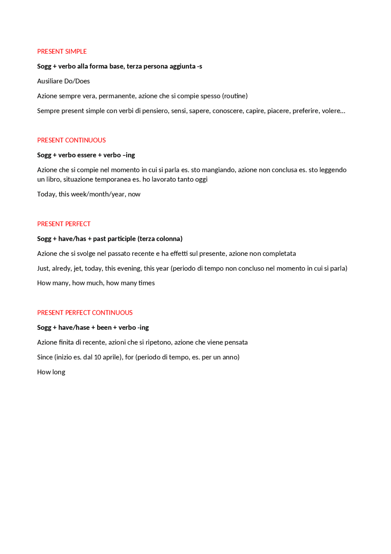 Schema tempi verbali inglese | Schemi e mappe concettuali di Lingua Inglese | Docsity